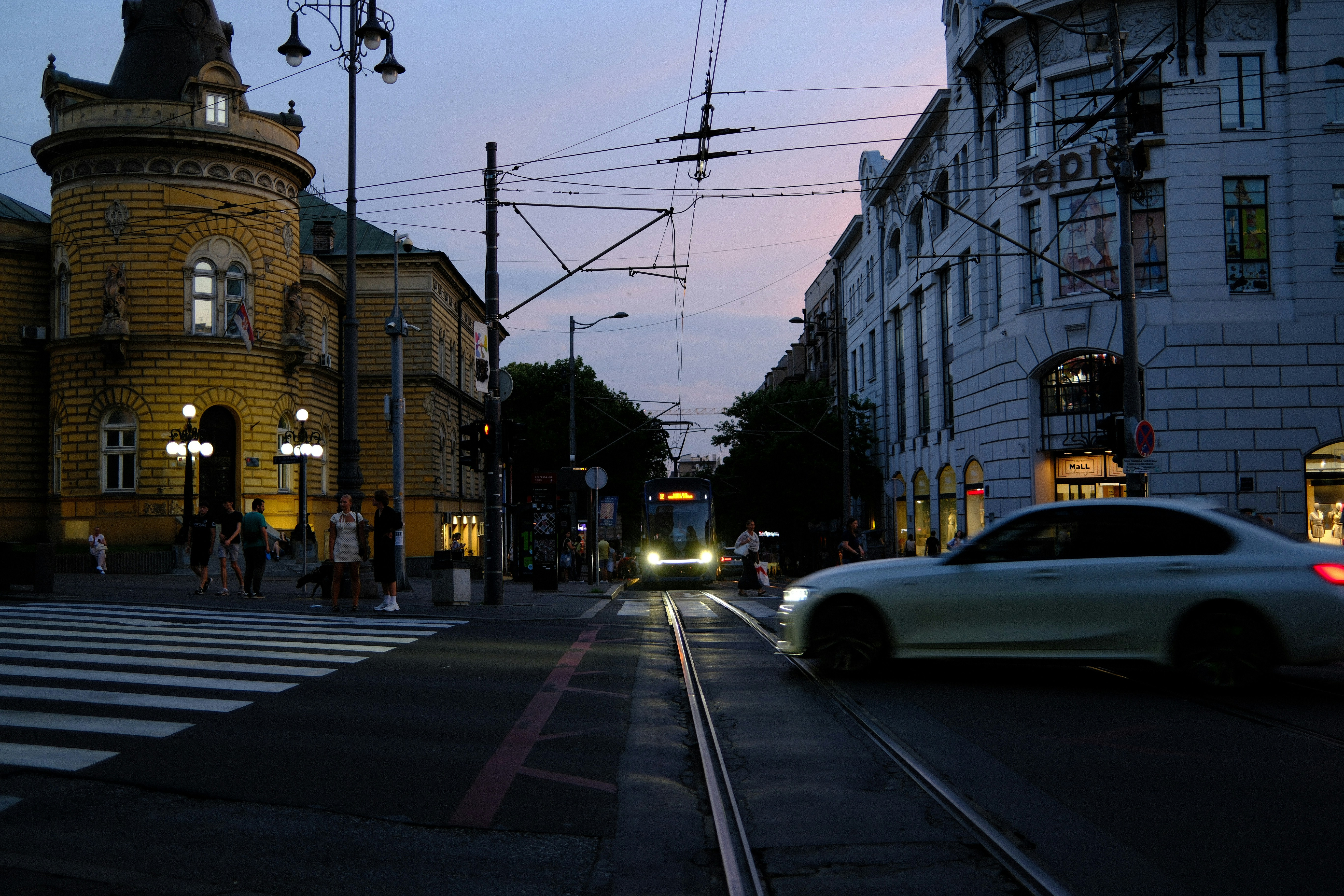Night at the Crosswalk: Tramhead in a European Street