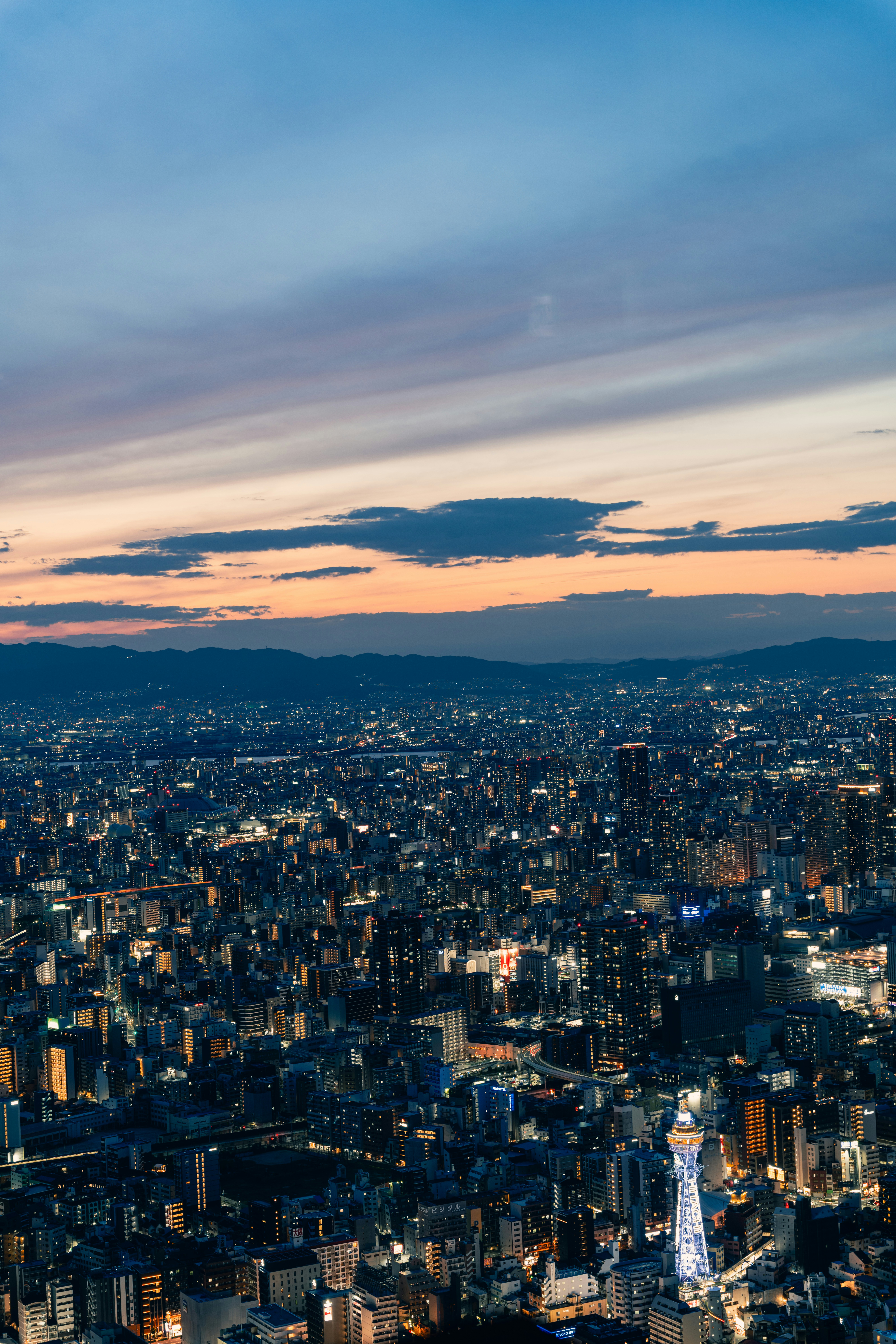 Vast cityscape illuminated at twilight with a prominent tower.