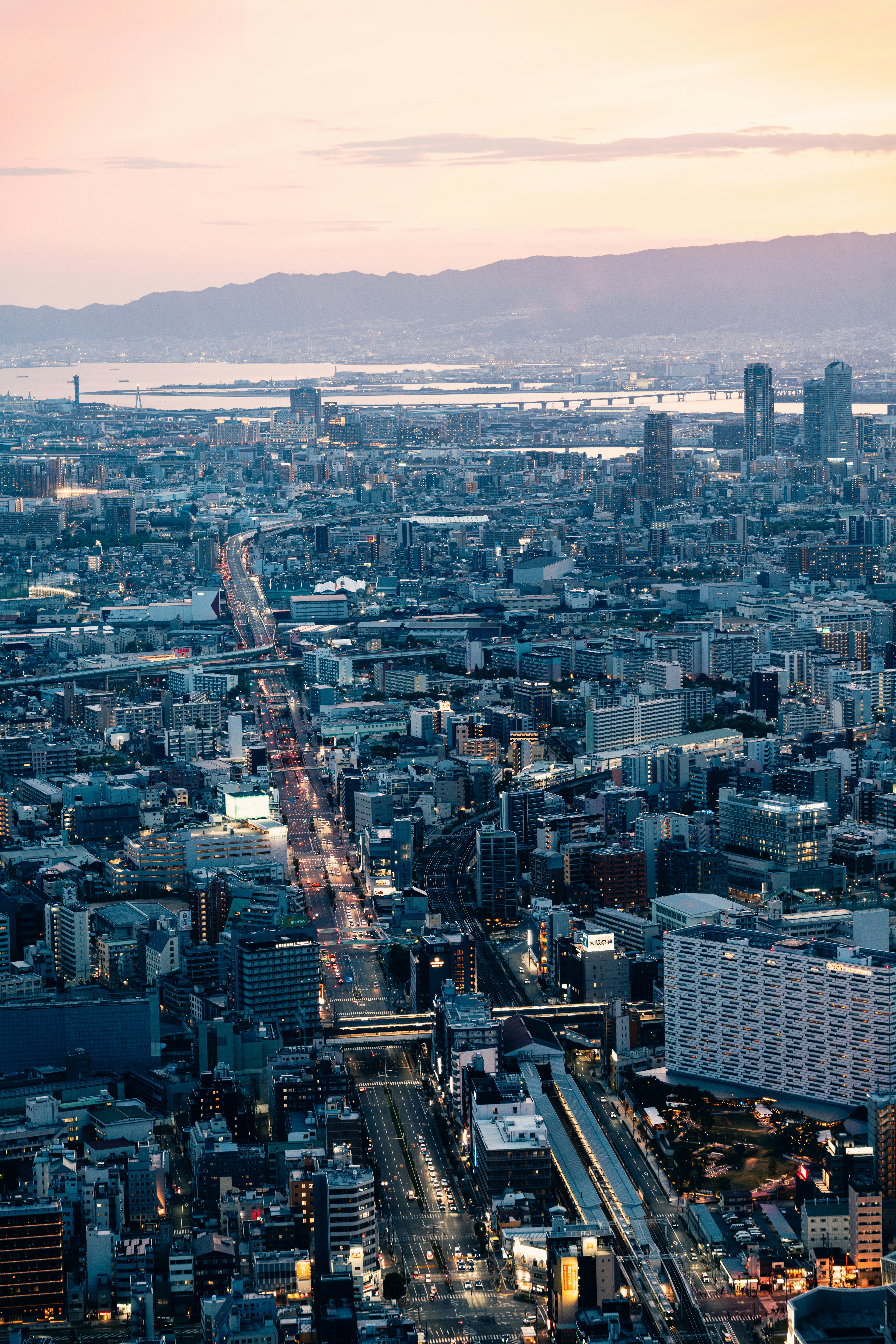 Vast city illuminated at dusk with mountains and water.