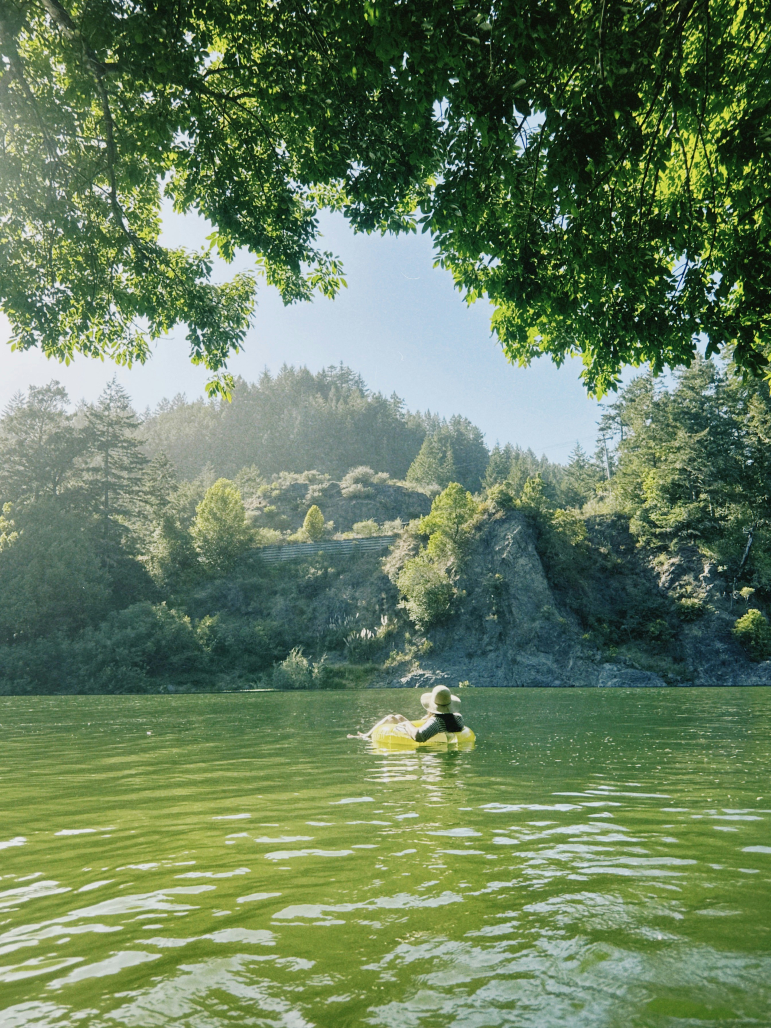 A person floats on a green river surrounded by trees.