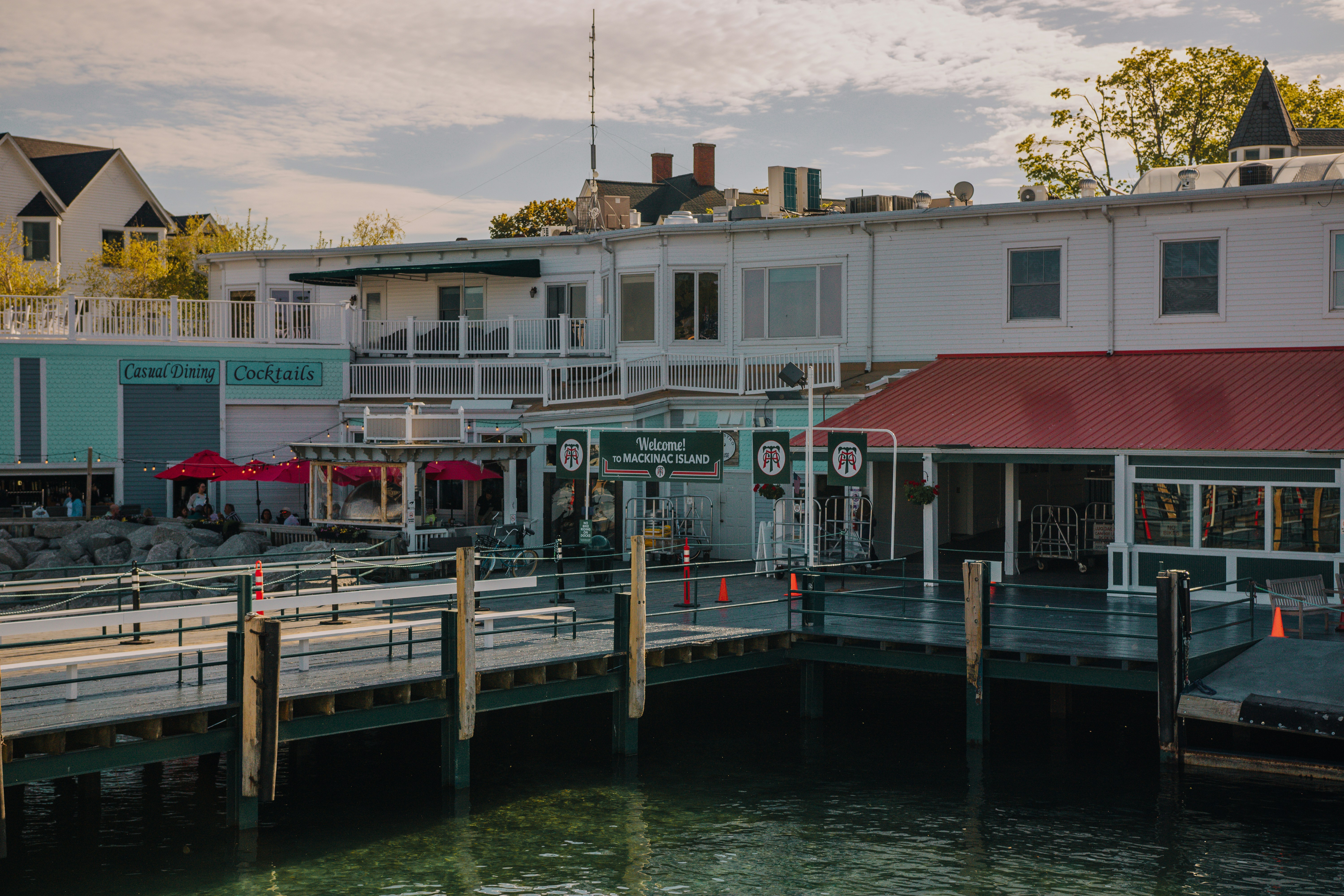 Waterfront Café Row by the Pier at Dusk