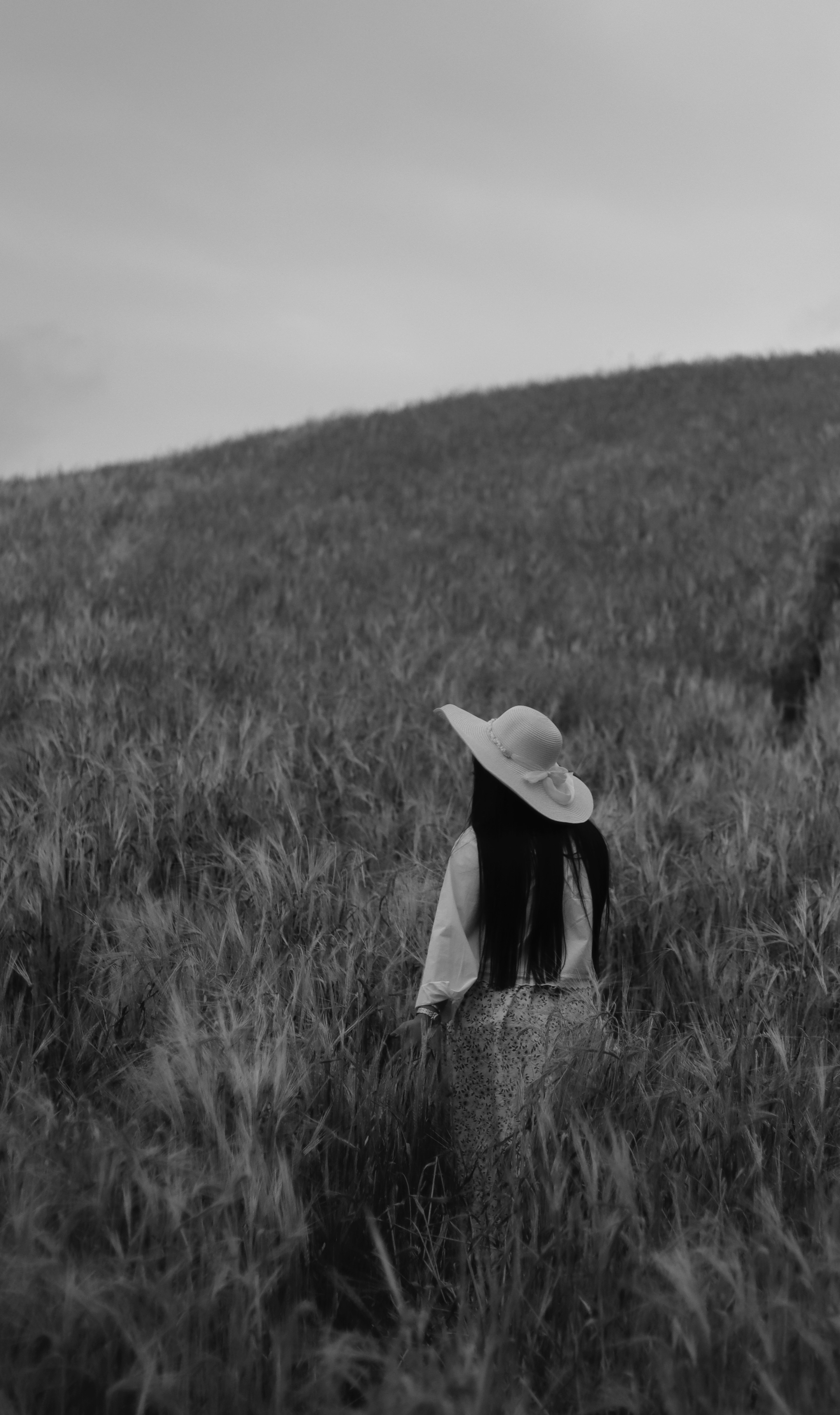 Woman in a hat walks through a tall grassy field.