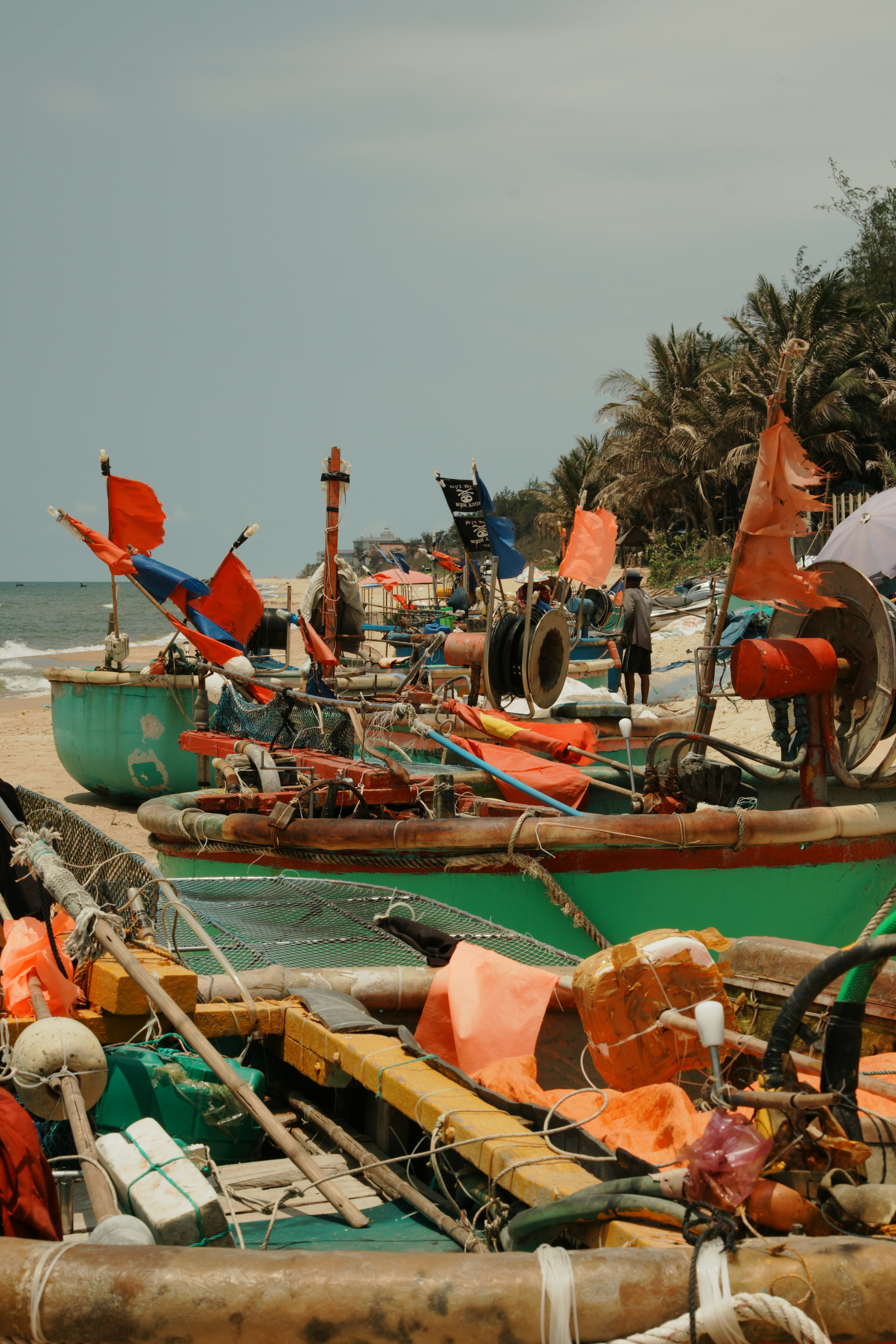 Harbor of Colorful Nets and Palm-Shaded Boats