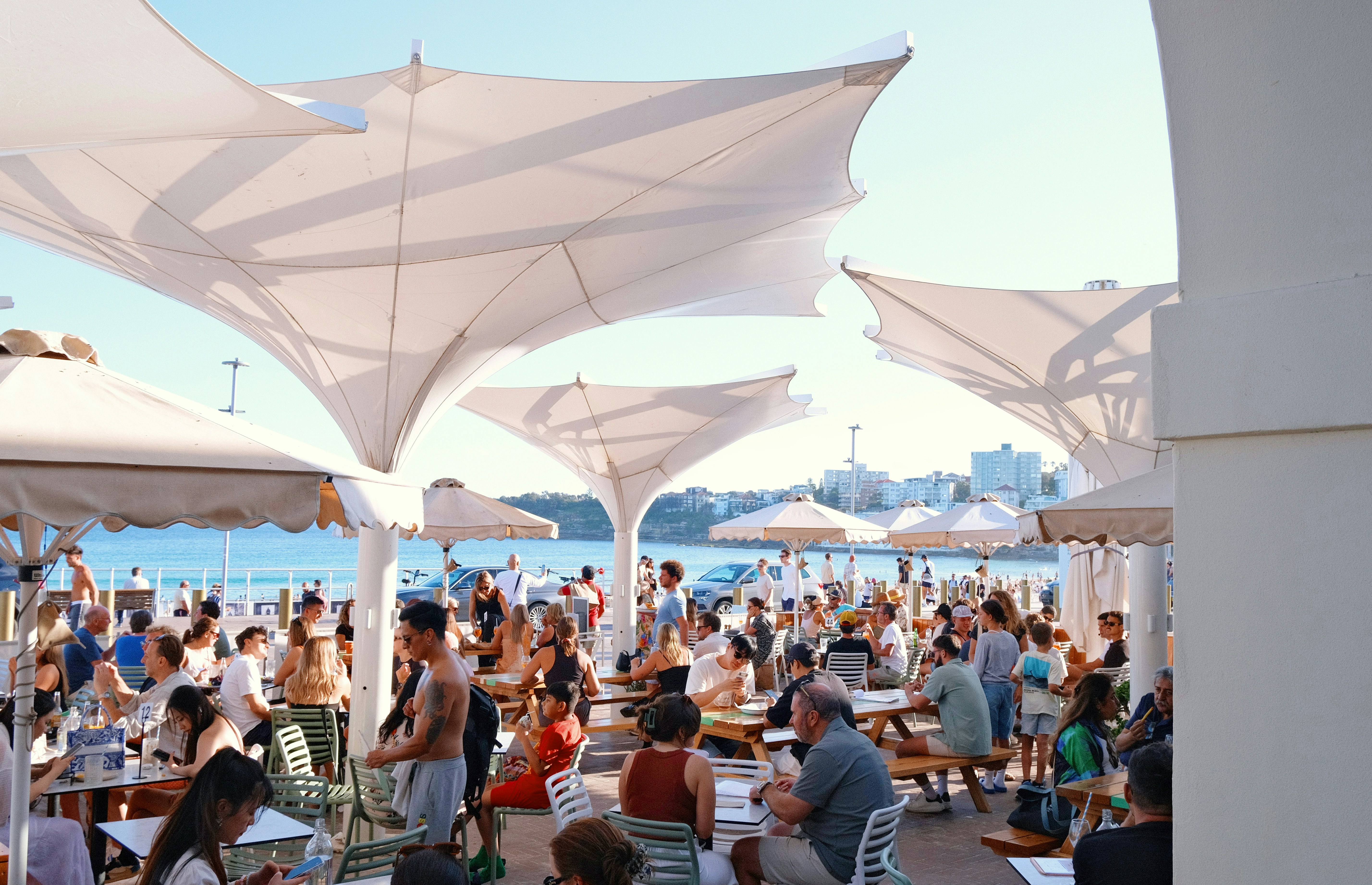 Sunlit Waterfront Café: A Sea of Umbrellas and Conversation