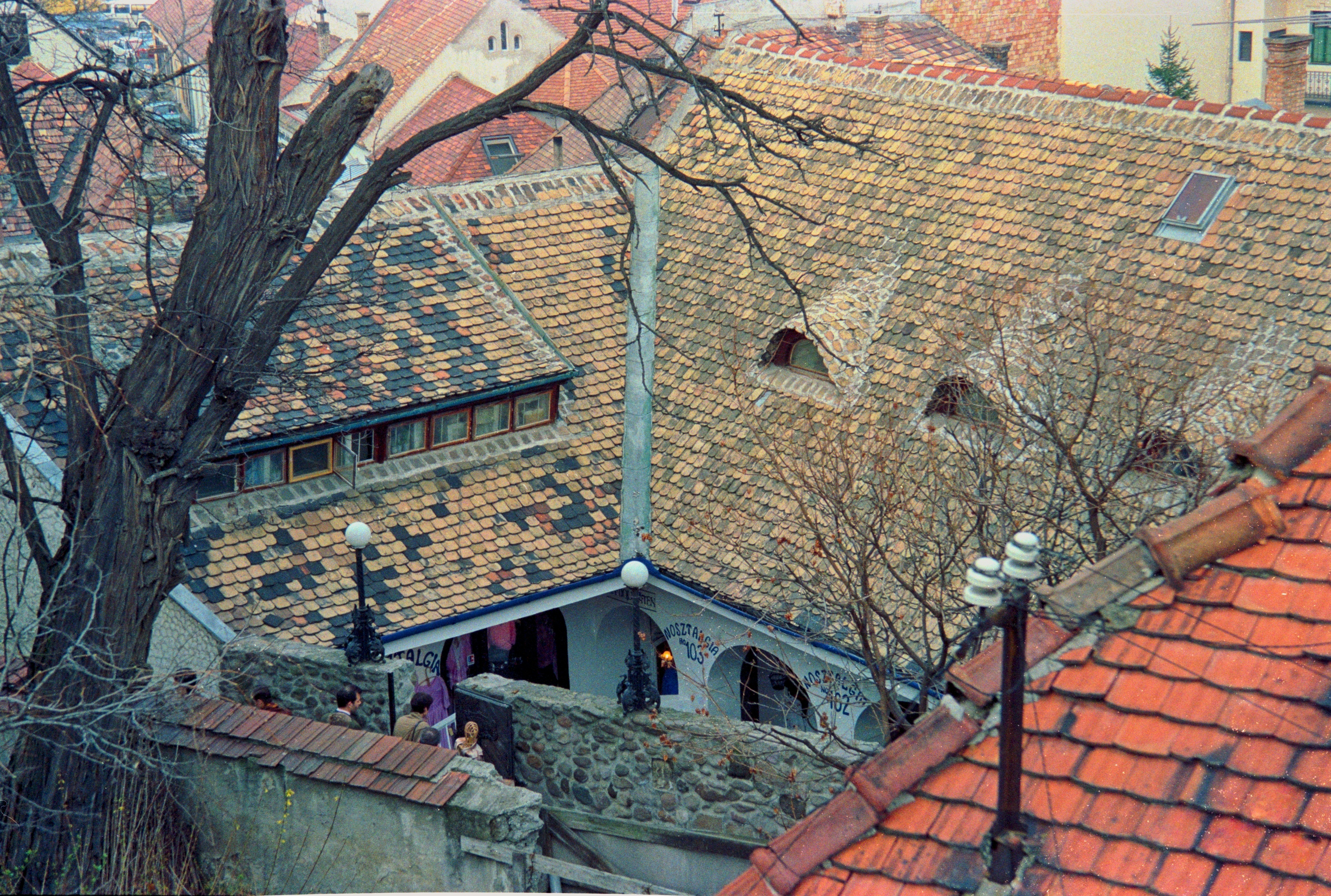 Overlooking a restaurant in Szentendre, Hungary, on a grey day in the spring of 1991.
