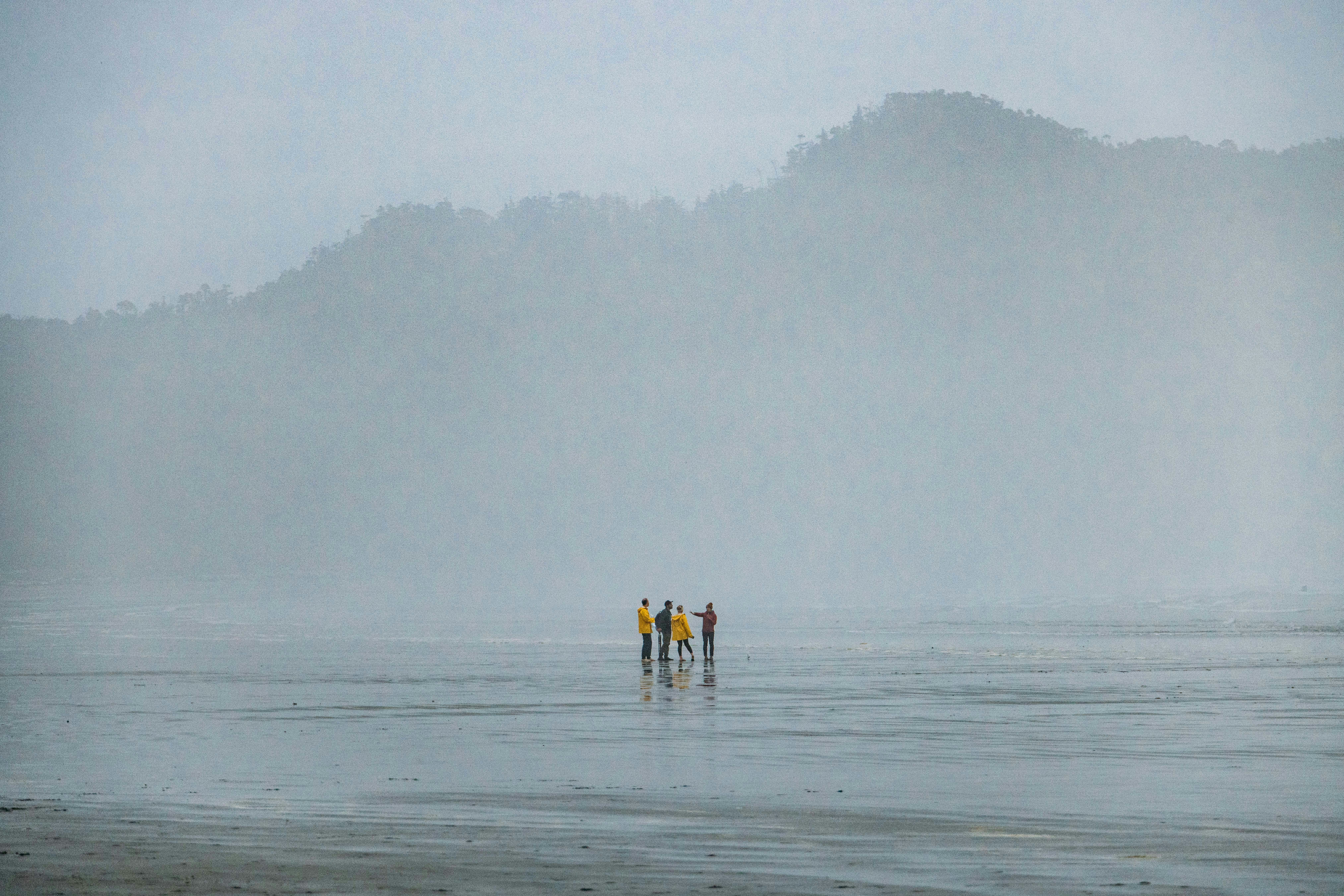 Four people in yellow raincoats stand on a misty beach.