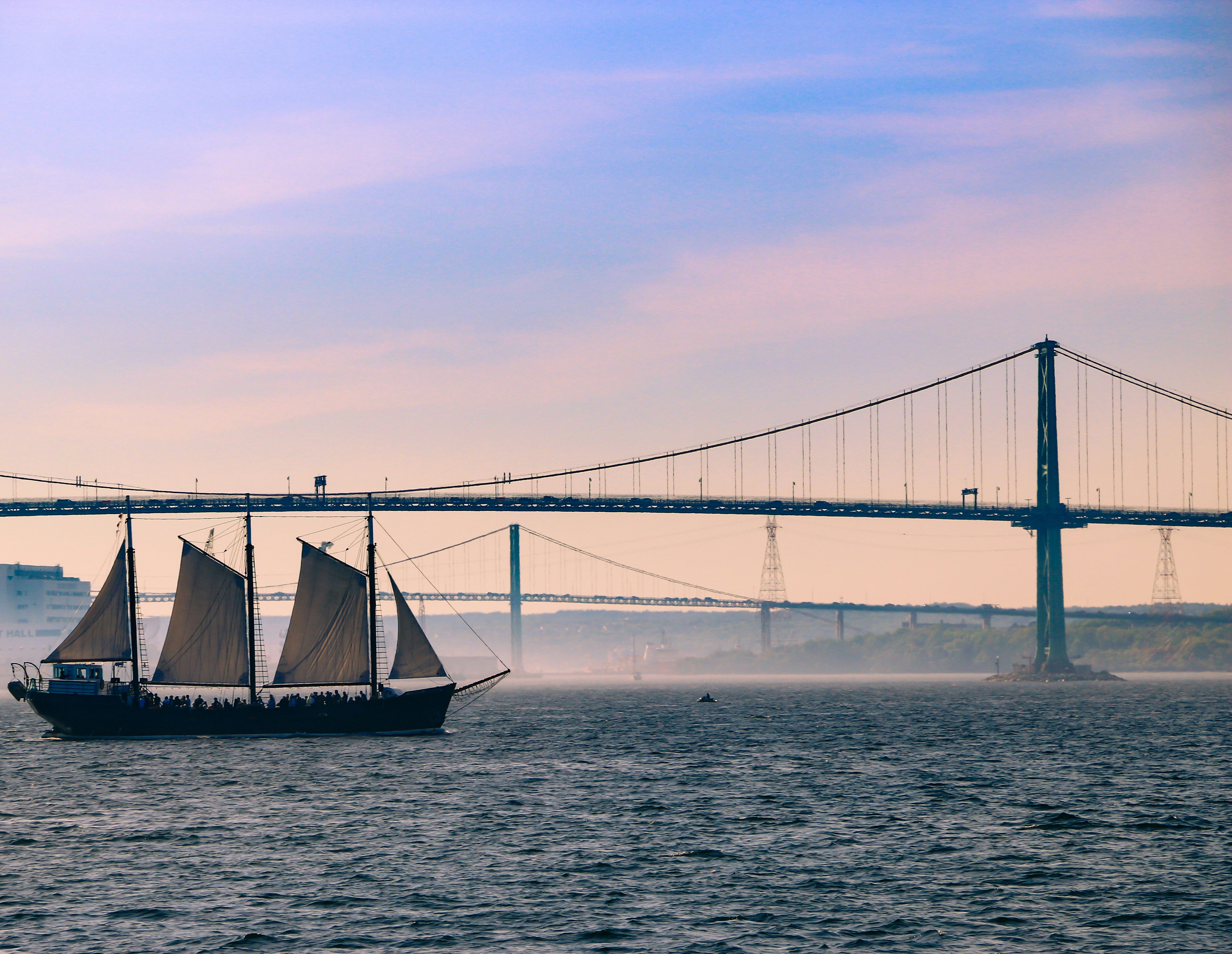 Sailing Serenity Under a Bridge
