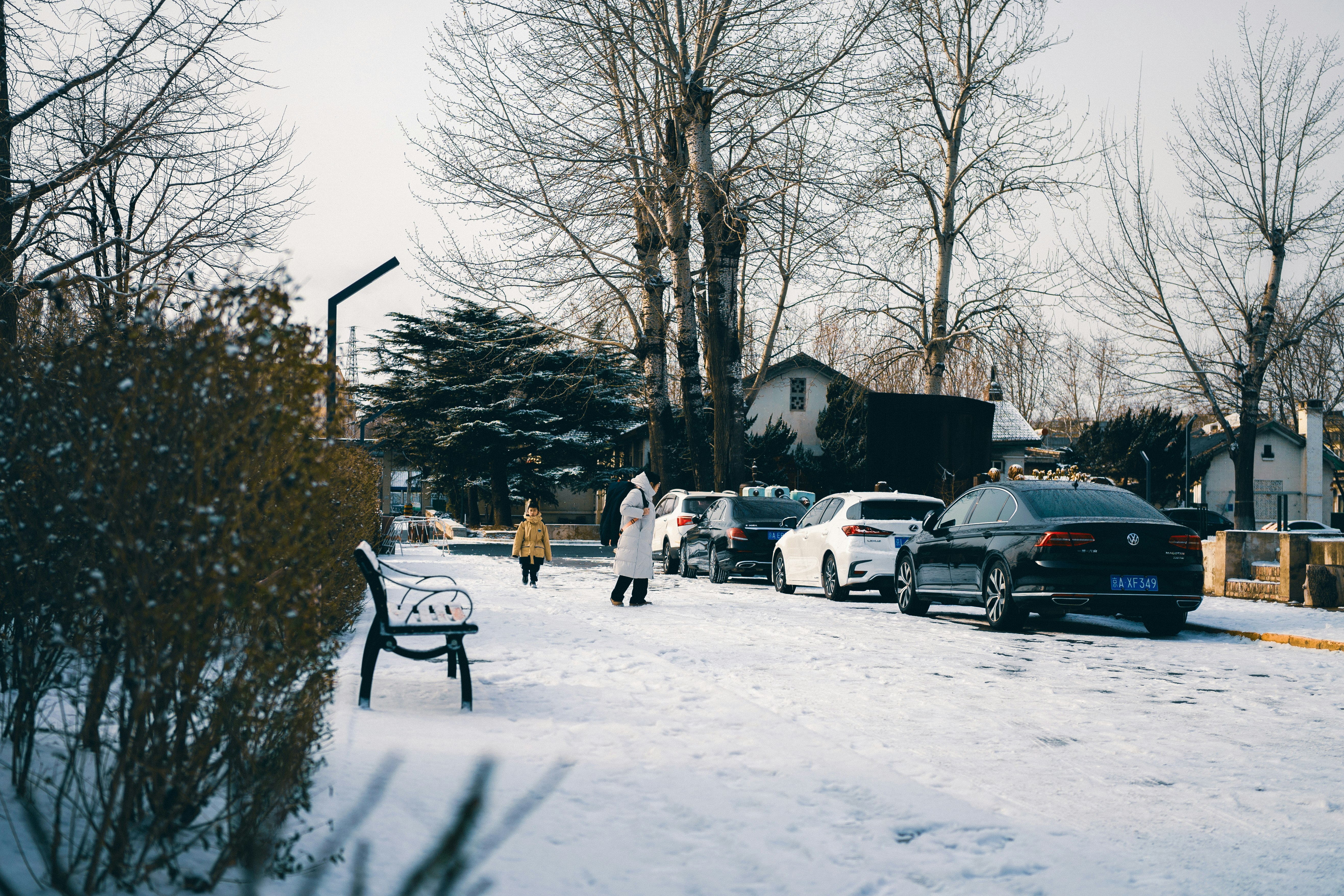 Winter Street Scene: Families and Cars in a Snowy Suburb