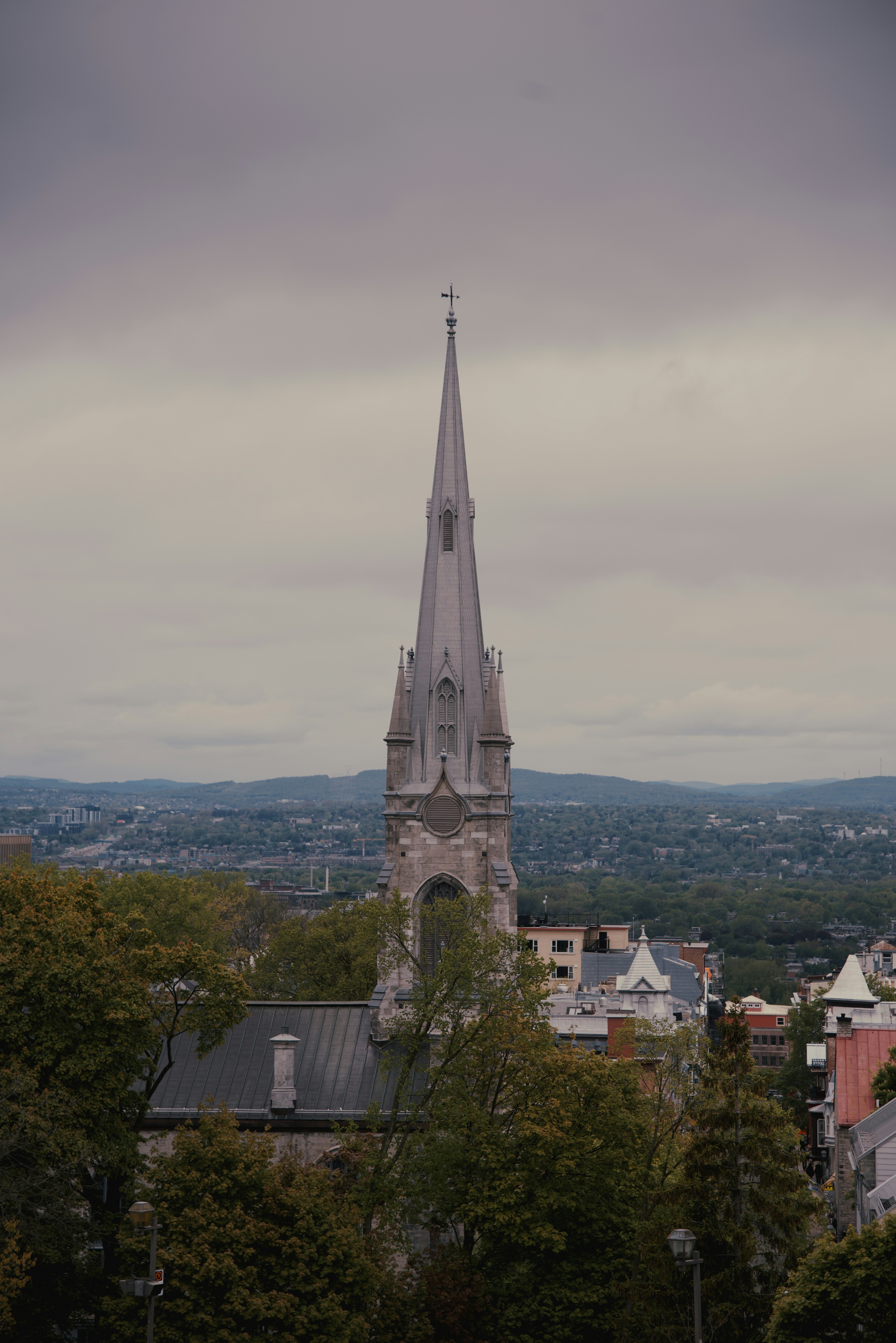 Spire Rising: A City Cathedral Anchored by Autumn treeline