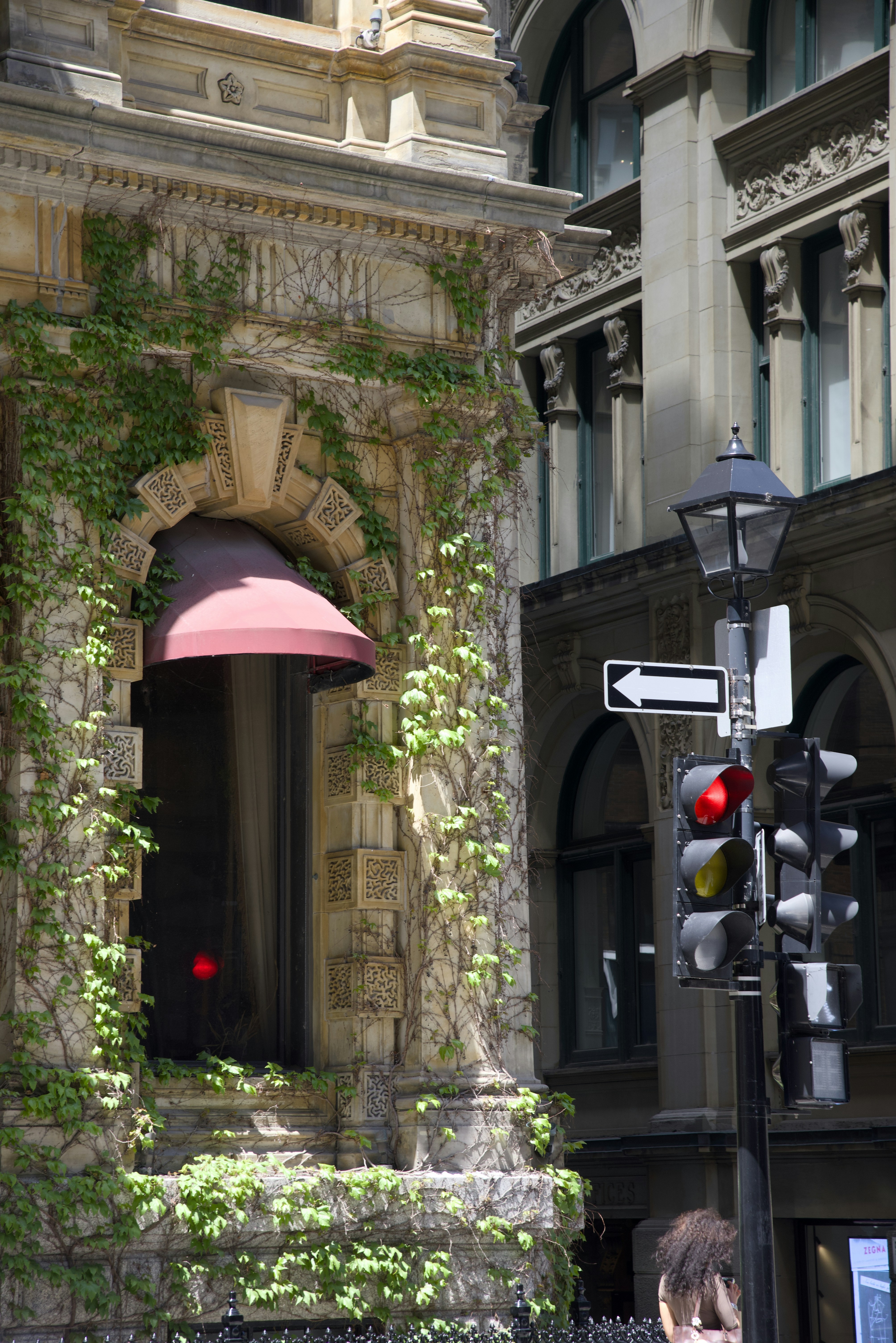 Ivied Archway Window with Crimson Canopy in Urban Facade