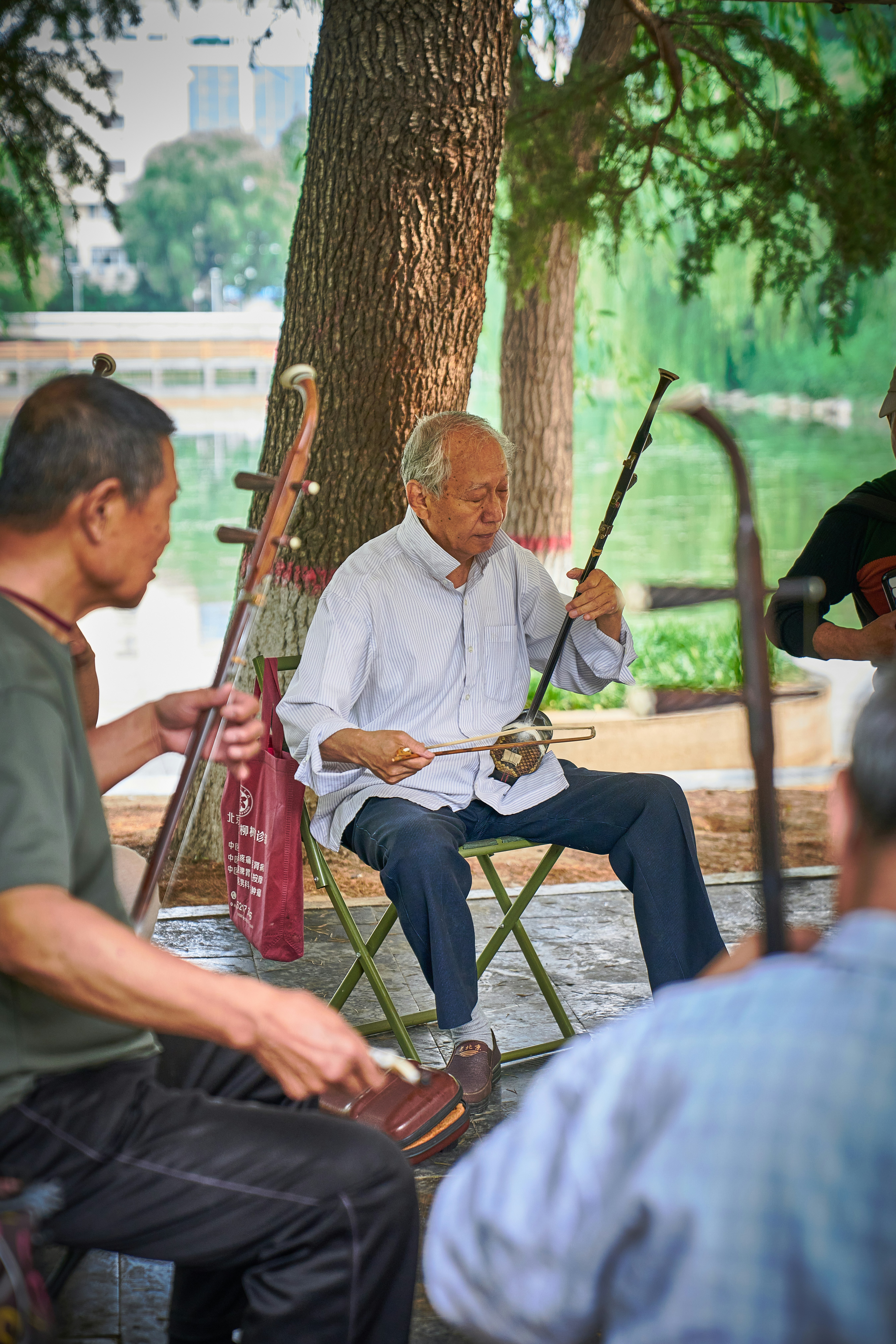 Older man in white shirt sits playing a traditional string instrument under a tree; other players are visible, creating a small outdoor ensemble near a tranquil lake.