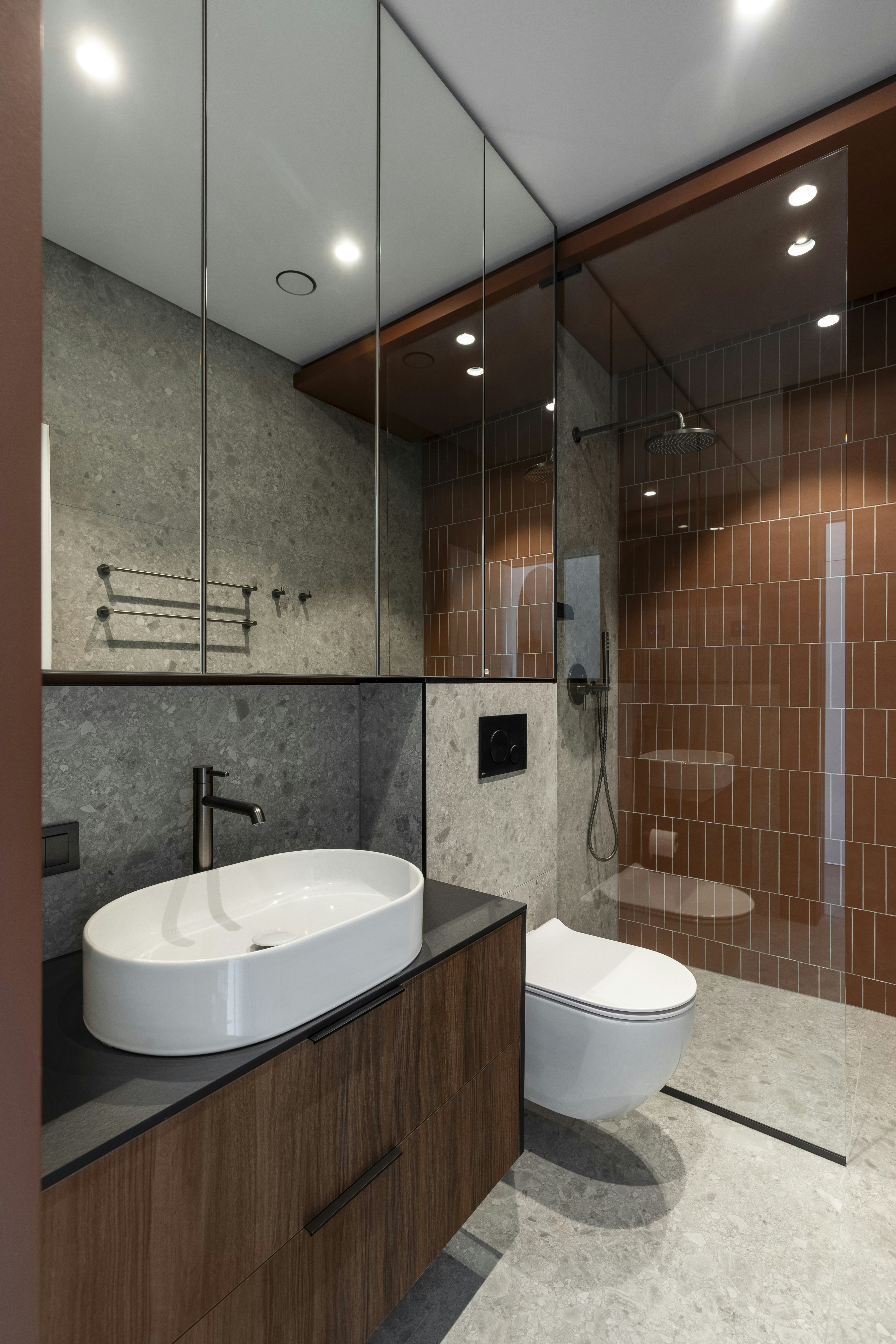 Sleek Soak: Minimalist Bath with Mirrored Cabinets and Glass Shower