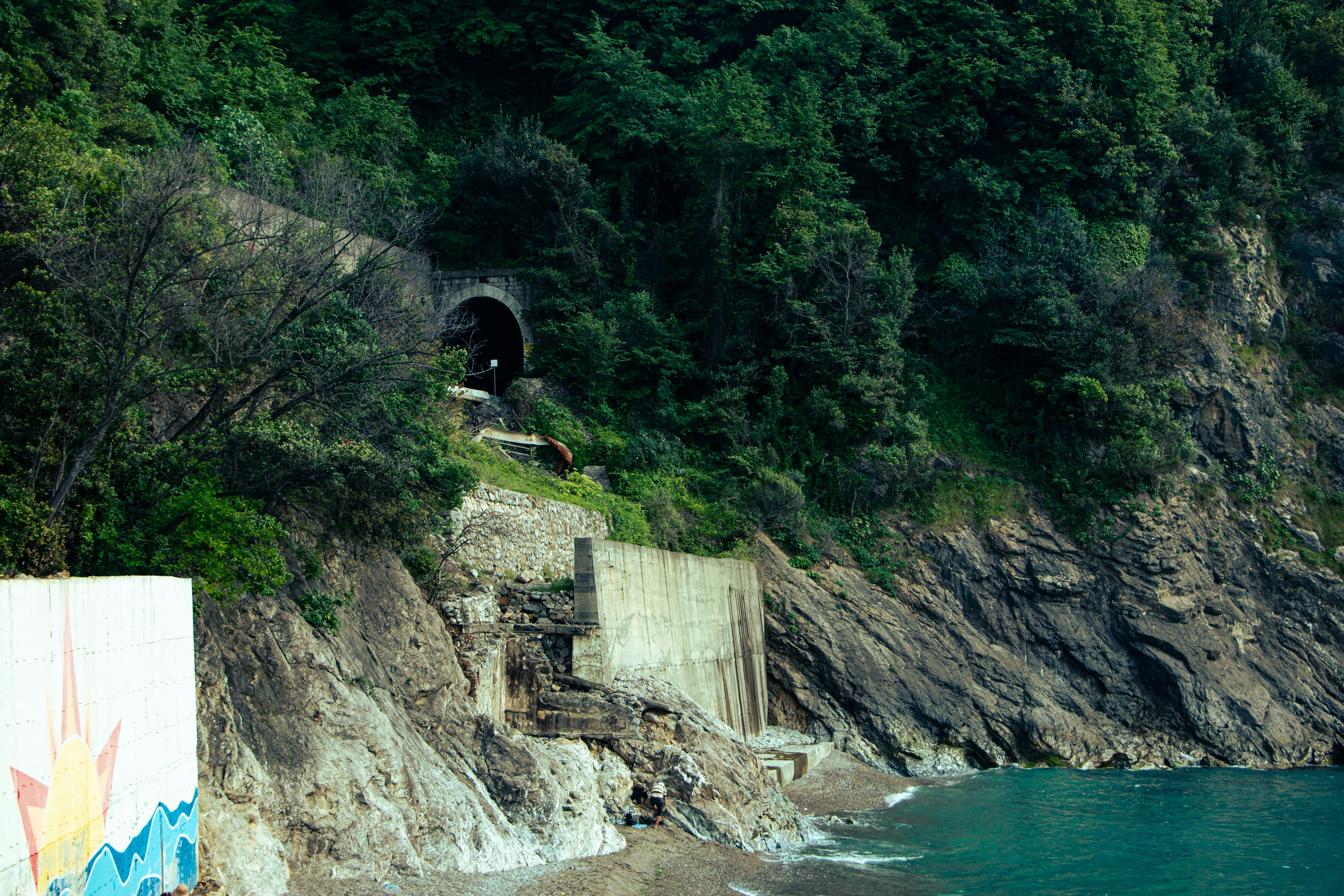 Coastal Cliff Tunnel Amid Dense Greenery and Sea Breeze
