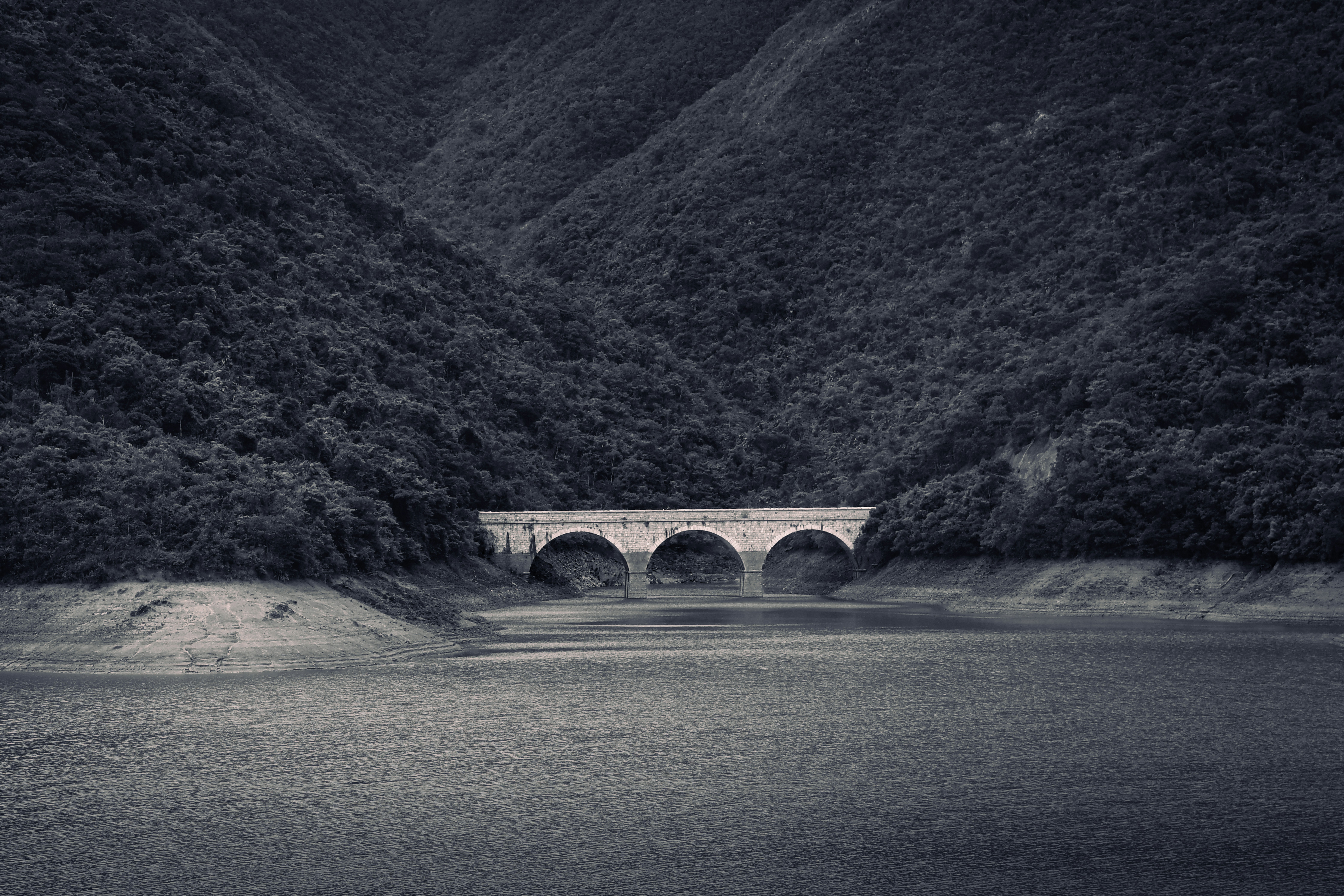 Quiet Reservoir Span: A Dim Corridor Between Forested Valleys