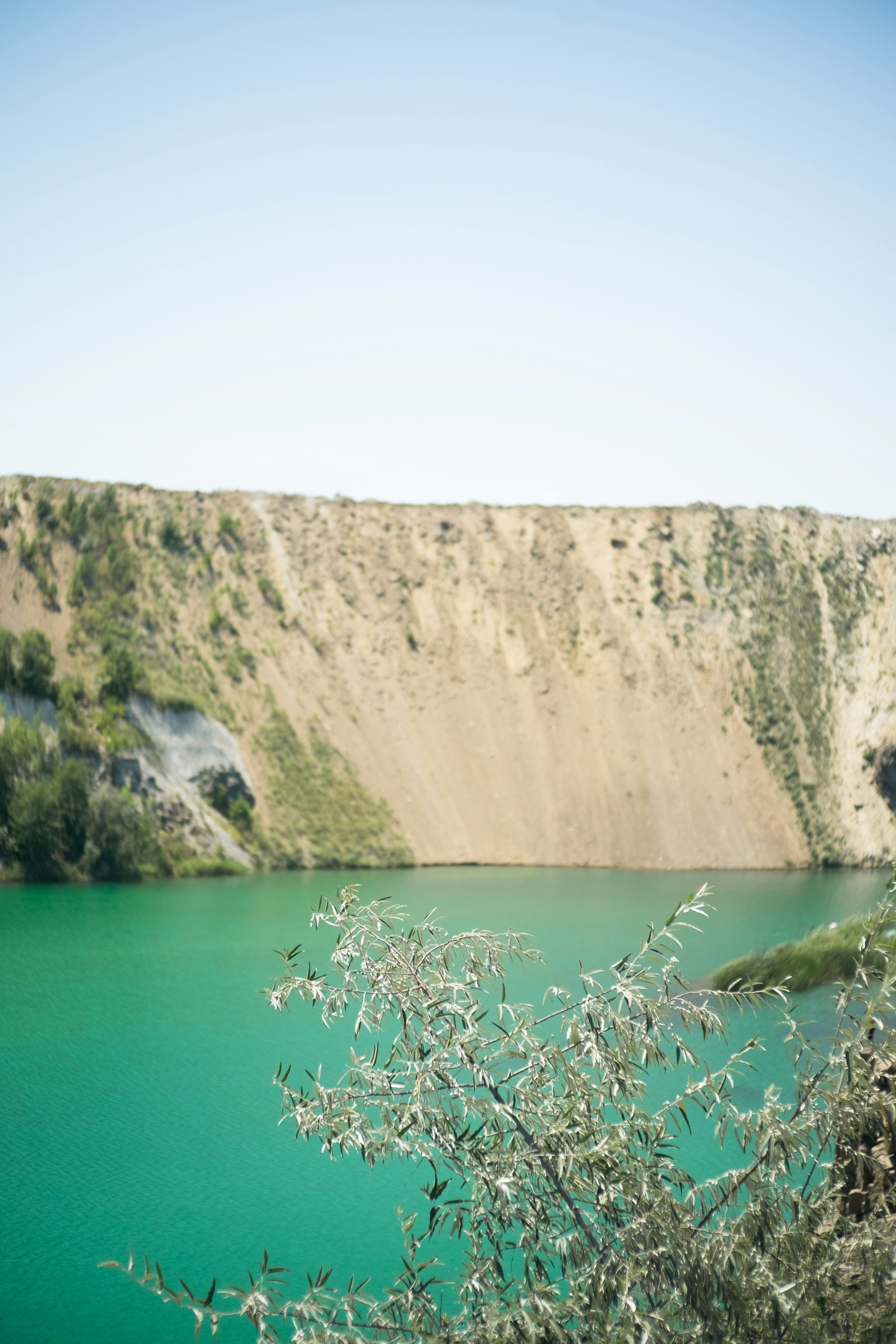 Emerald-hued water curves beside a pale cliff face, with scrubby foreground foliage framing the tranquil scene.