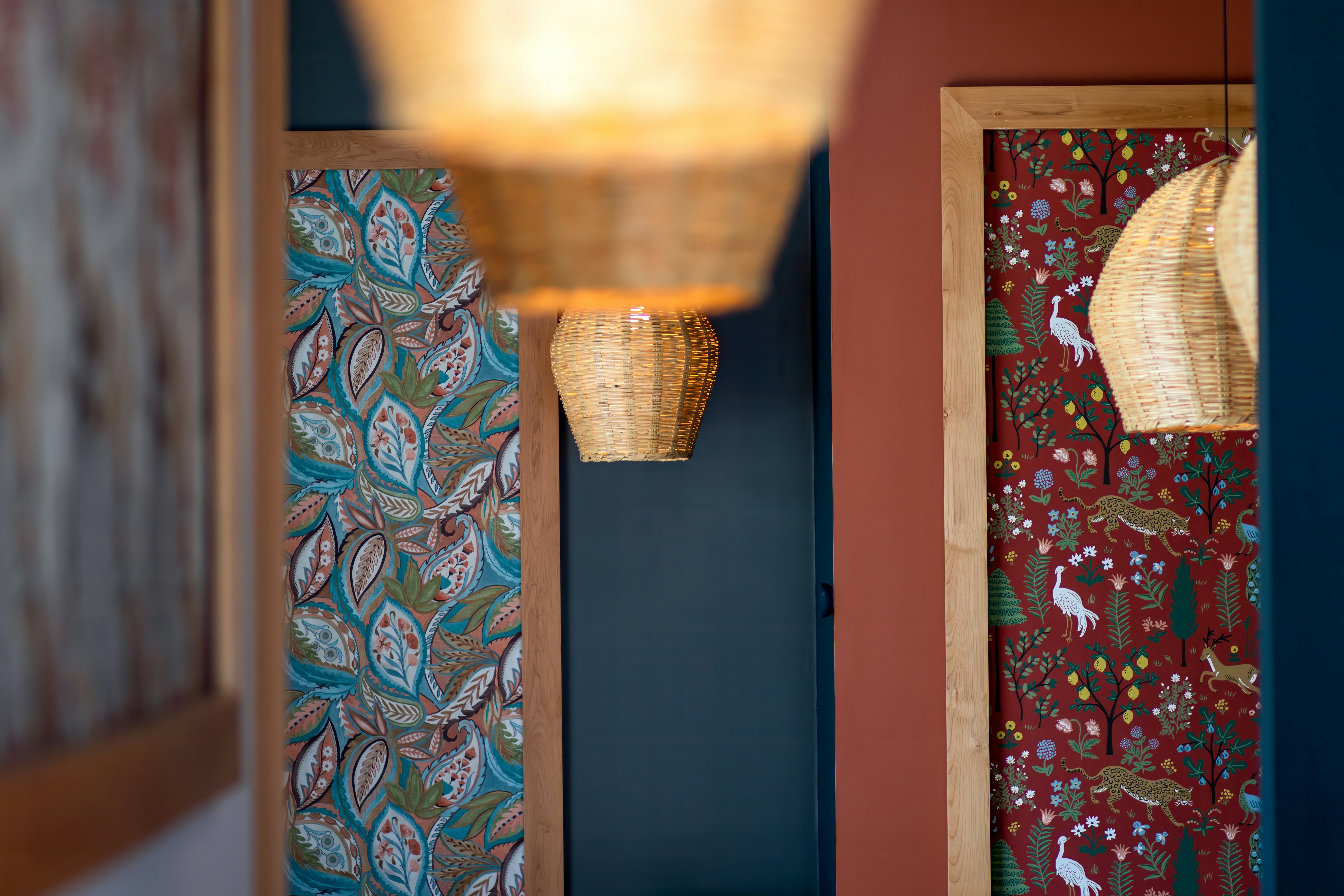 Luminous Lamps and Patterned Panels in a Color-Blocked Hallway