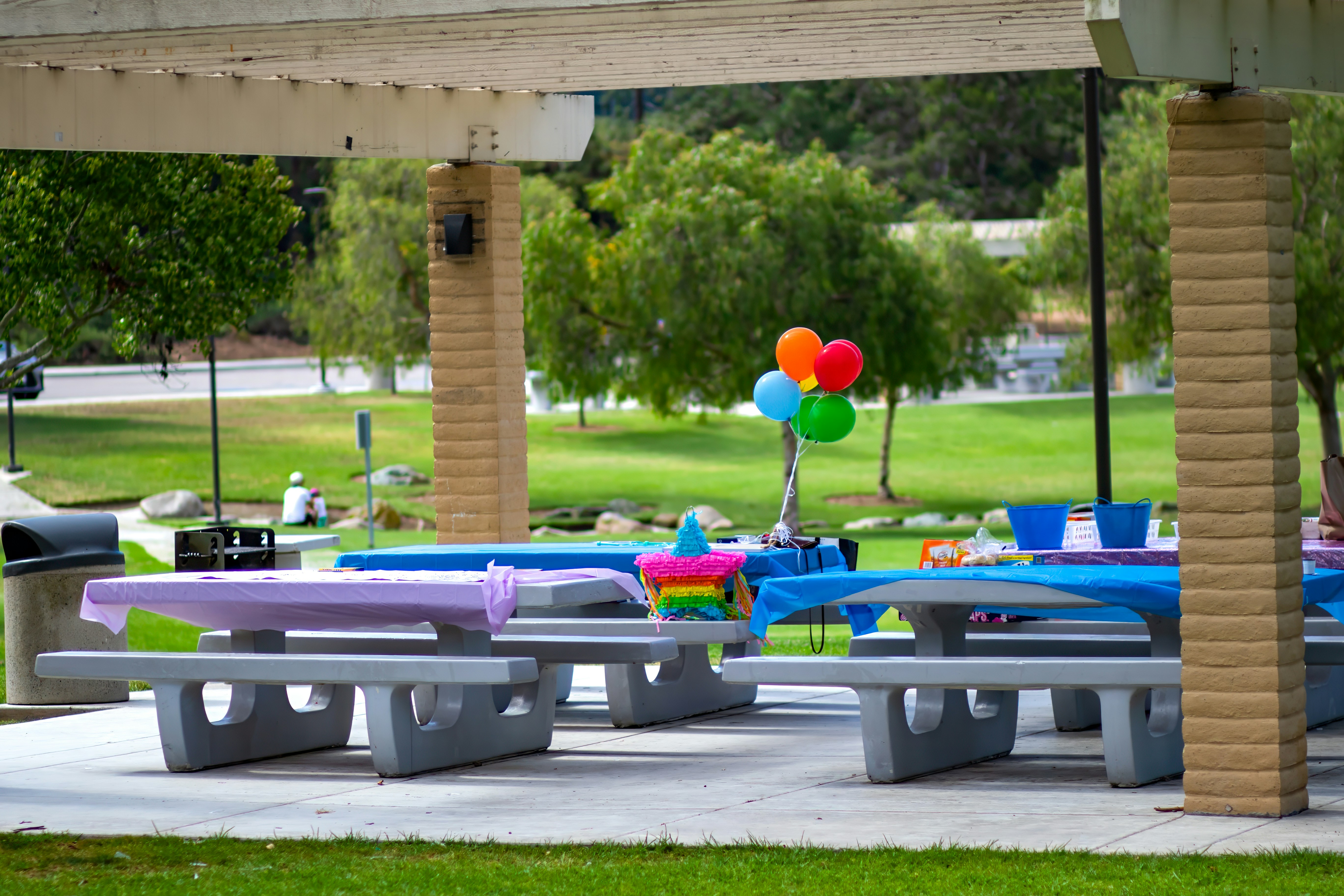 Decorated picnic tables and balloons in a park setting.