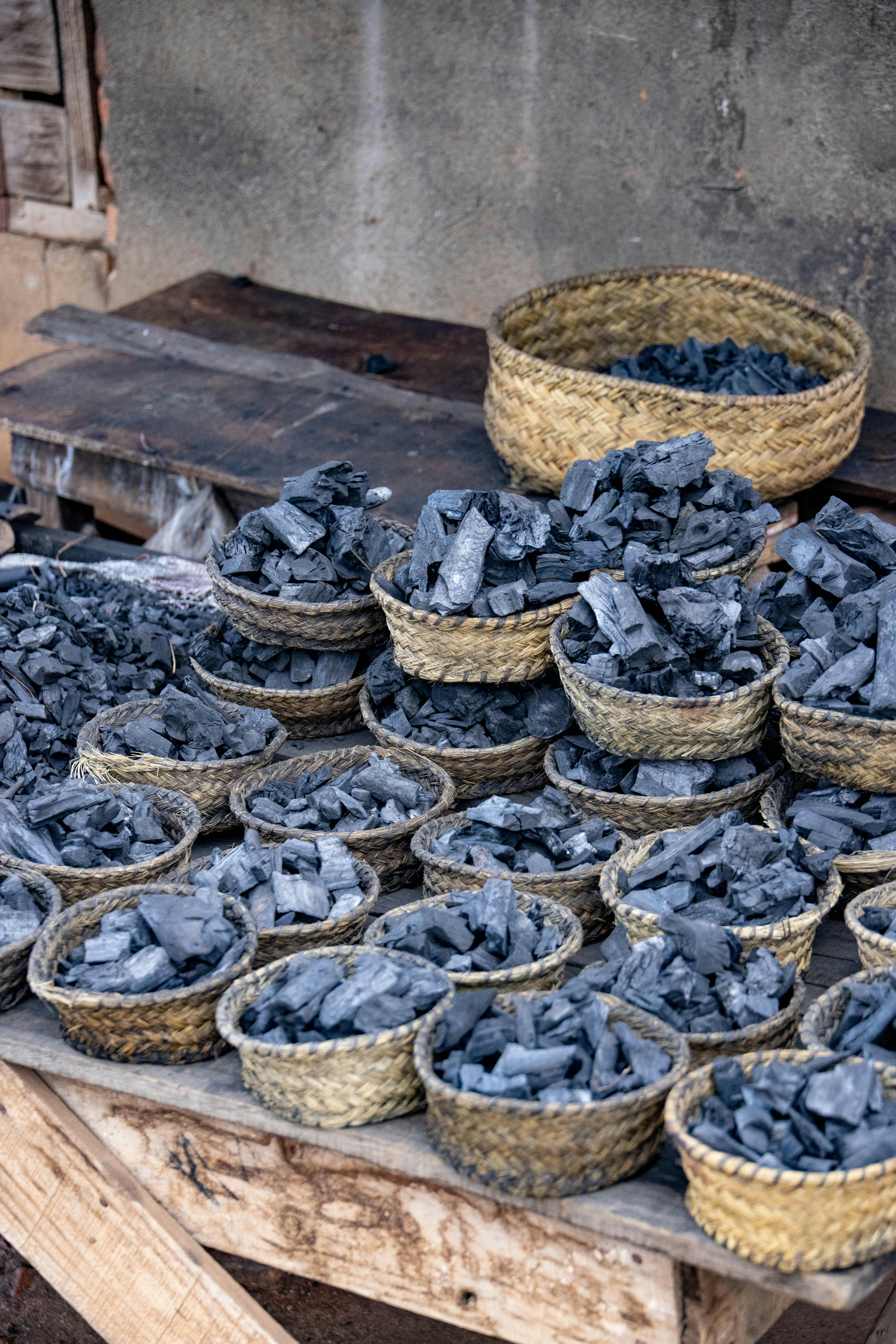 Charcoal Baskets: A Still Life of Coals inwoven with Rustic Baskets