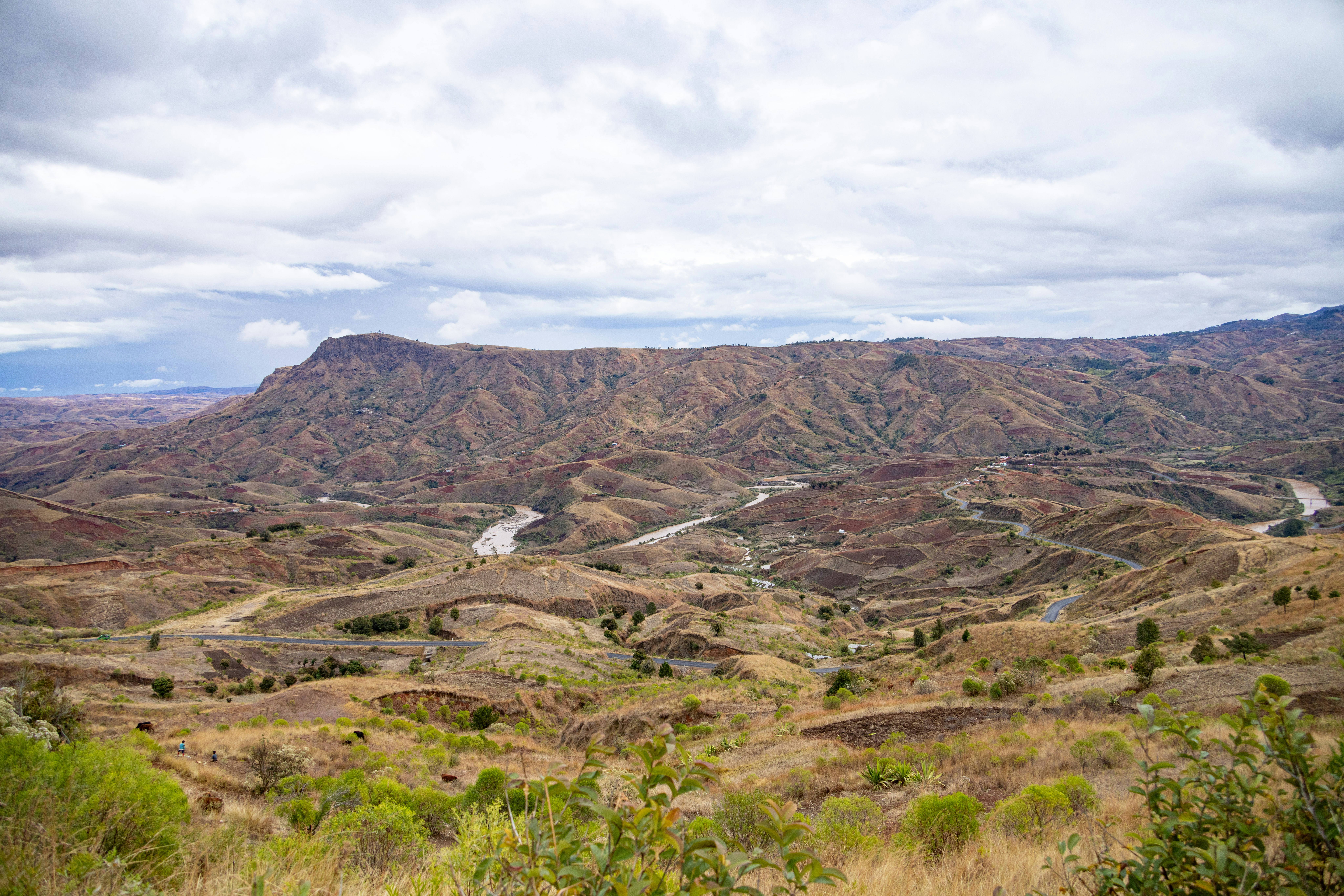 Vast dry landscape with winding river and cloudy sky.