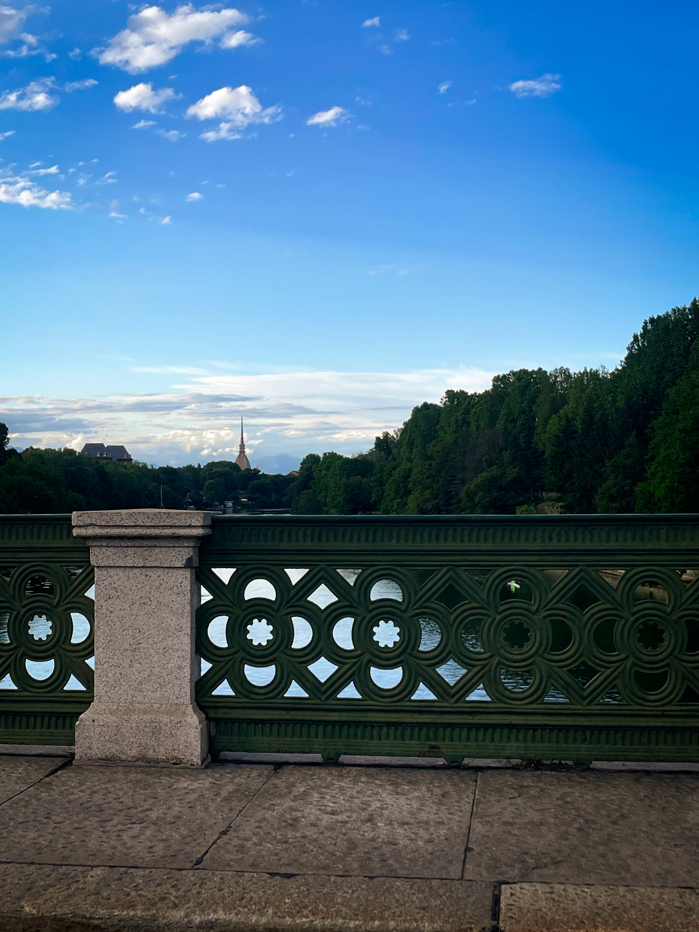 Green railing, distant church spire, and treeline seen from a riverside promenade