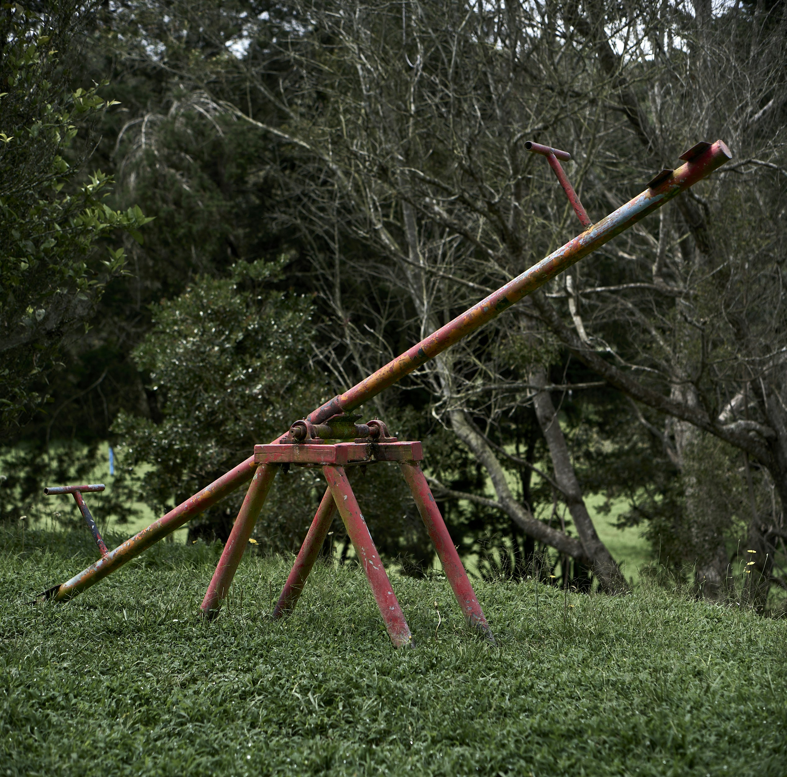 Rusting seesaw of the park: a tilted beacon among the trees