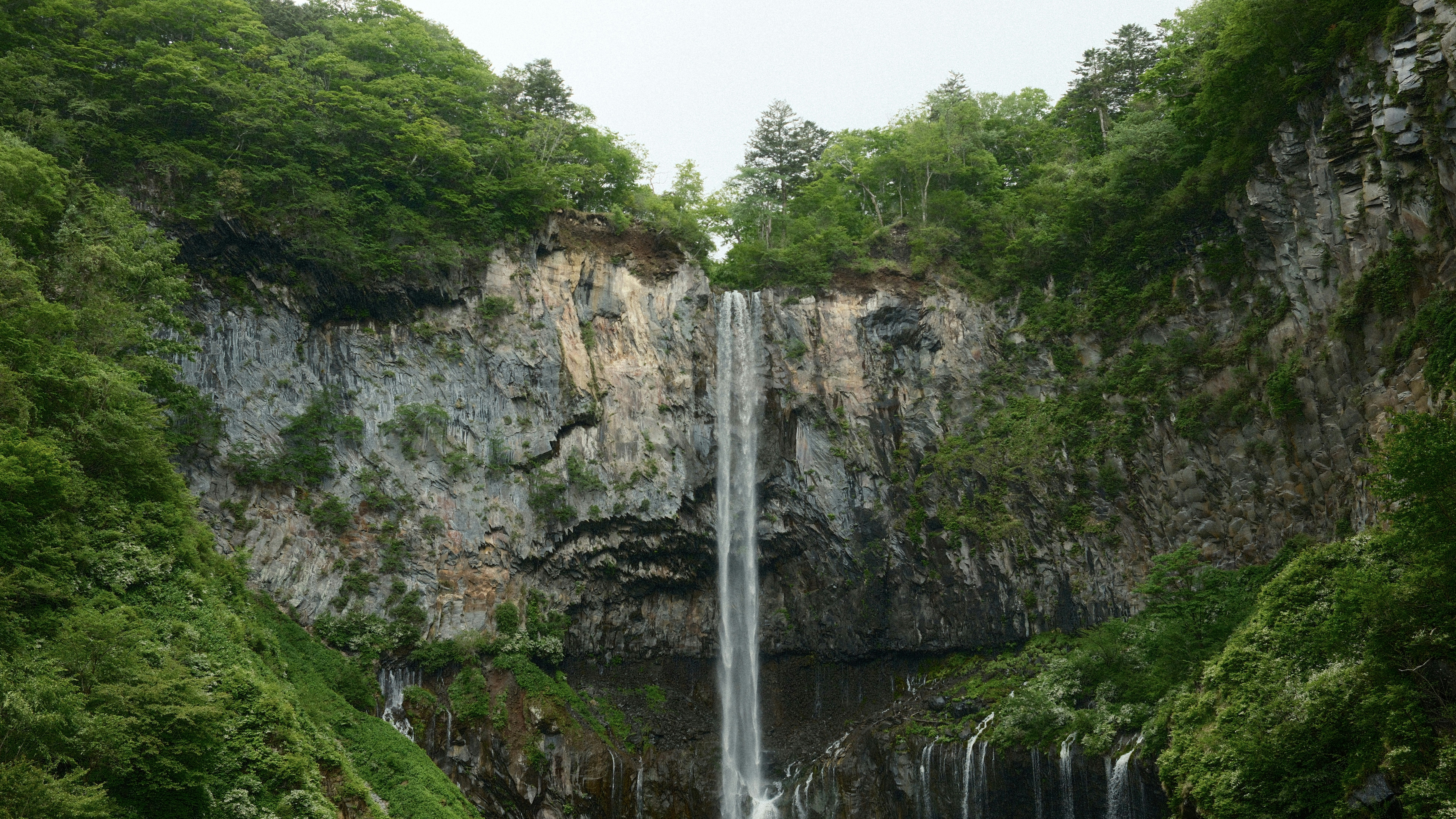 Cascading Silence: A Narrow Veil Falls within Verdant Cliffs