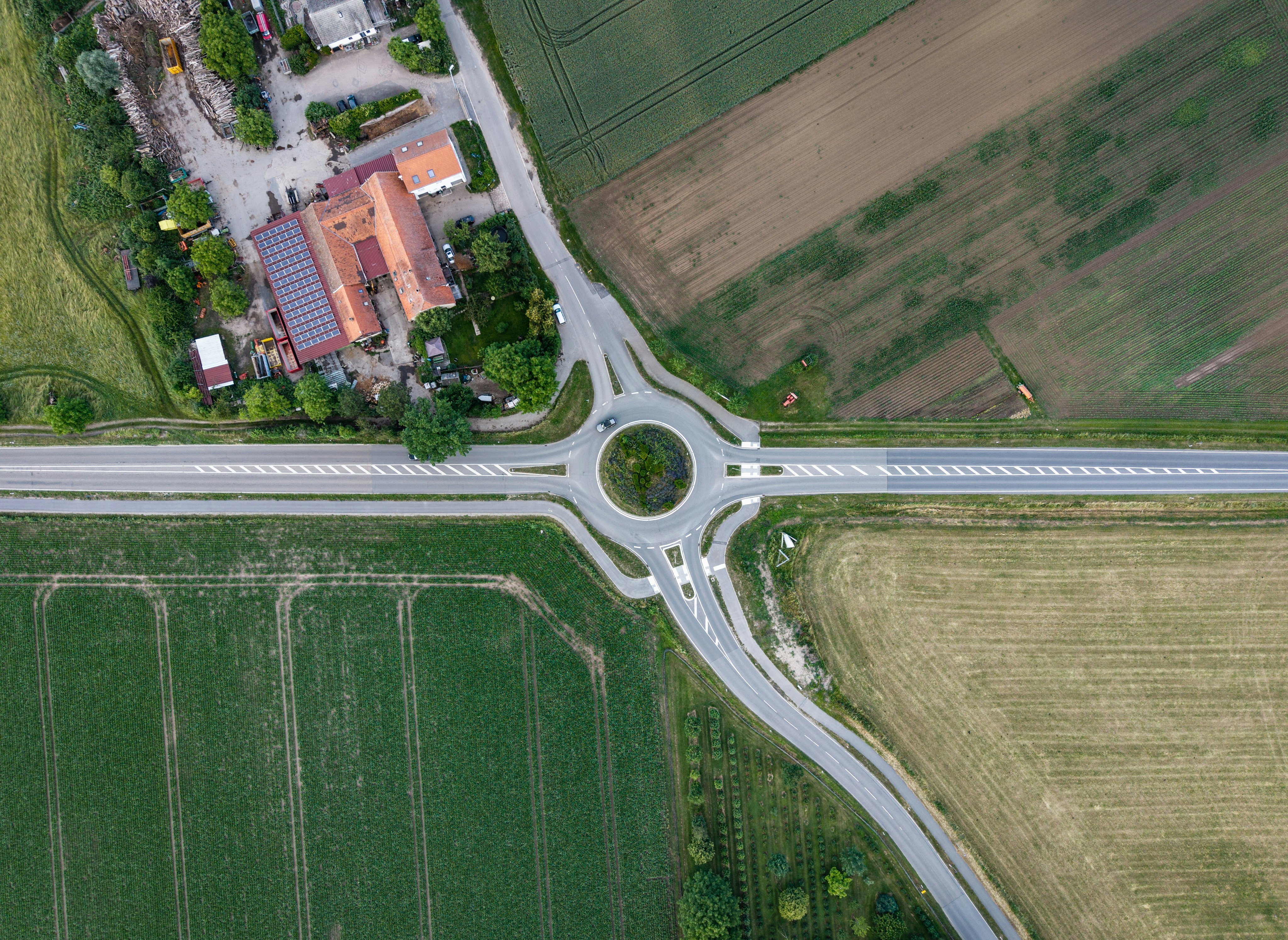 Aerial Crossroads: Circular Roundabout Linking Rural Fields