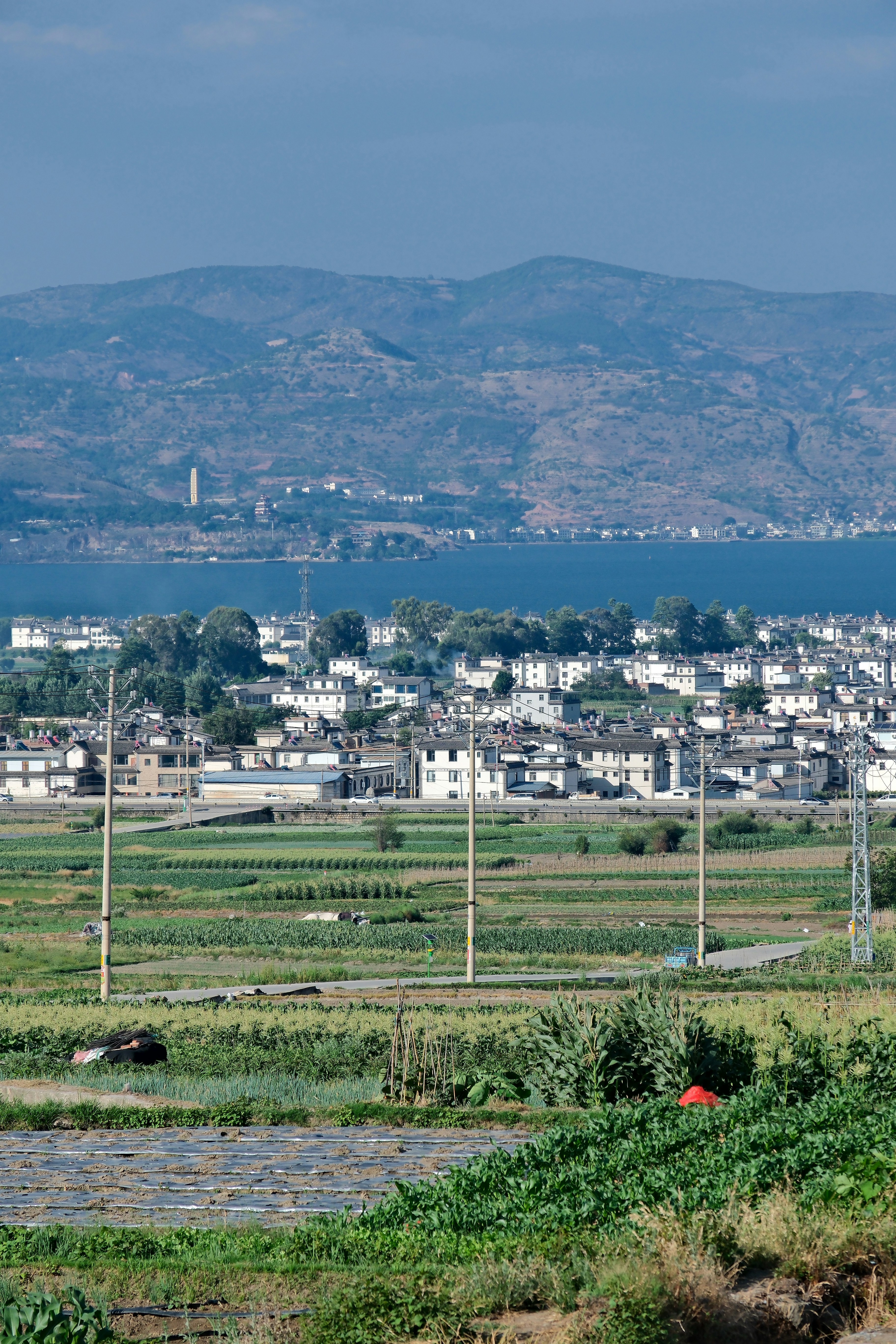 Rural Terrace Overlook: Village, Fields, and Lake Under Mountain Veil