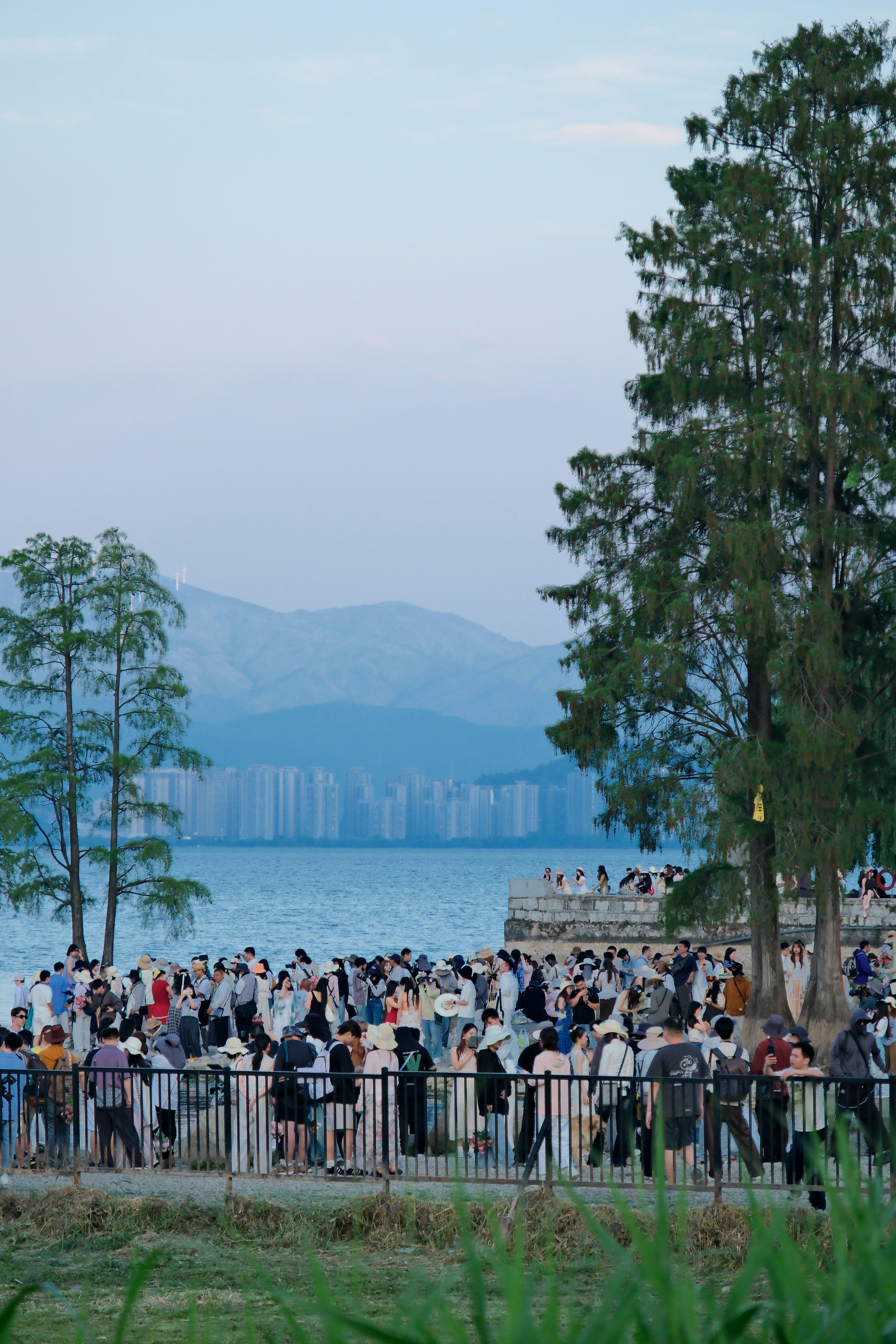 Crowd by the Lakeside: A Evening Walk Past Skyline and Trees