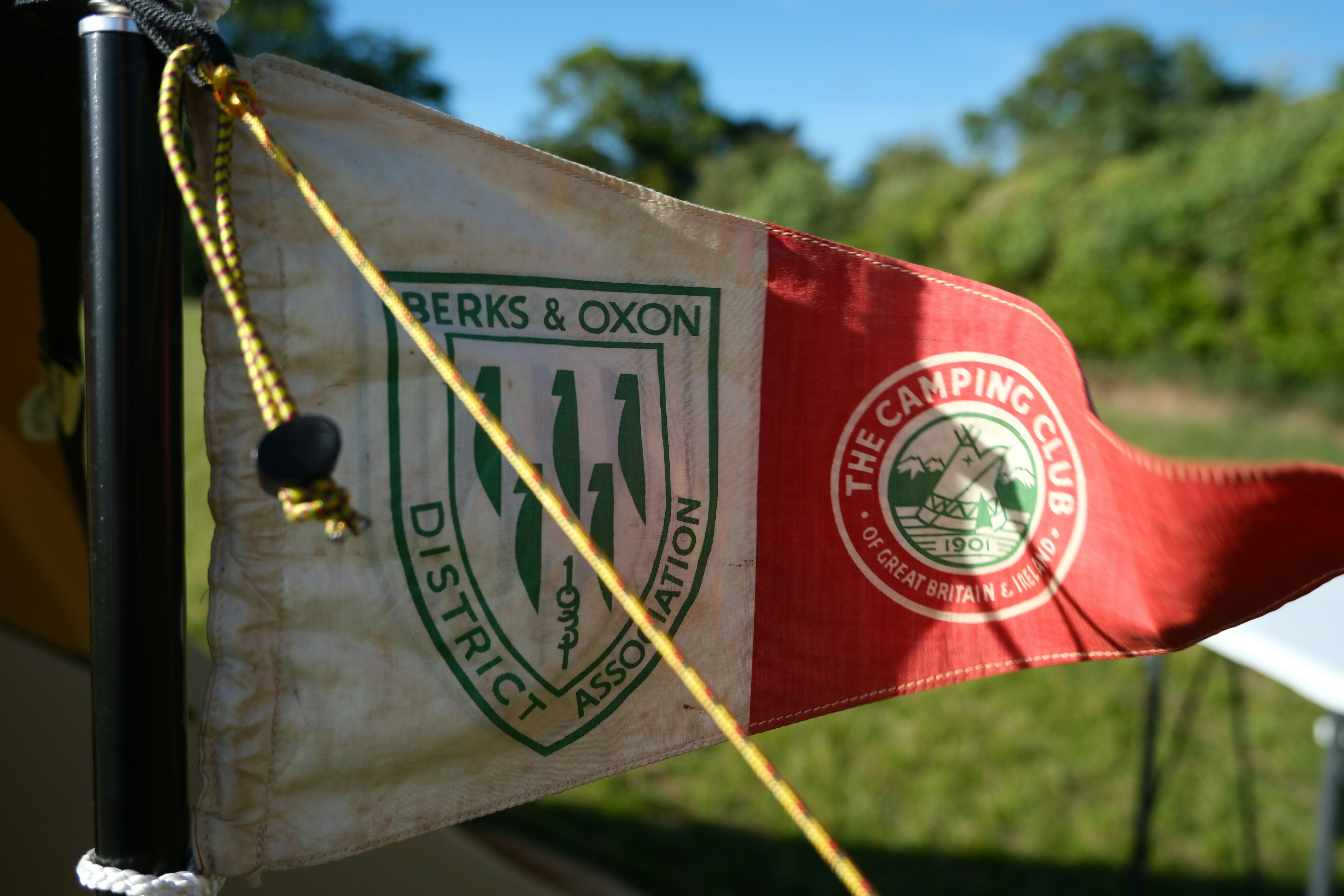 Flag with district emblem and camping club logo fluttering in bright daylight at a campsite.