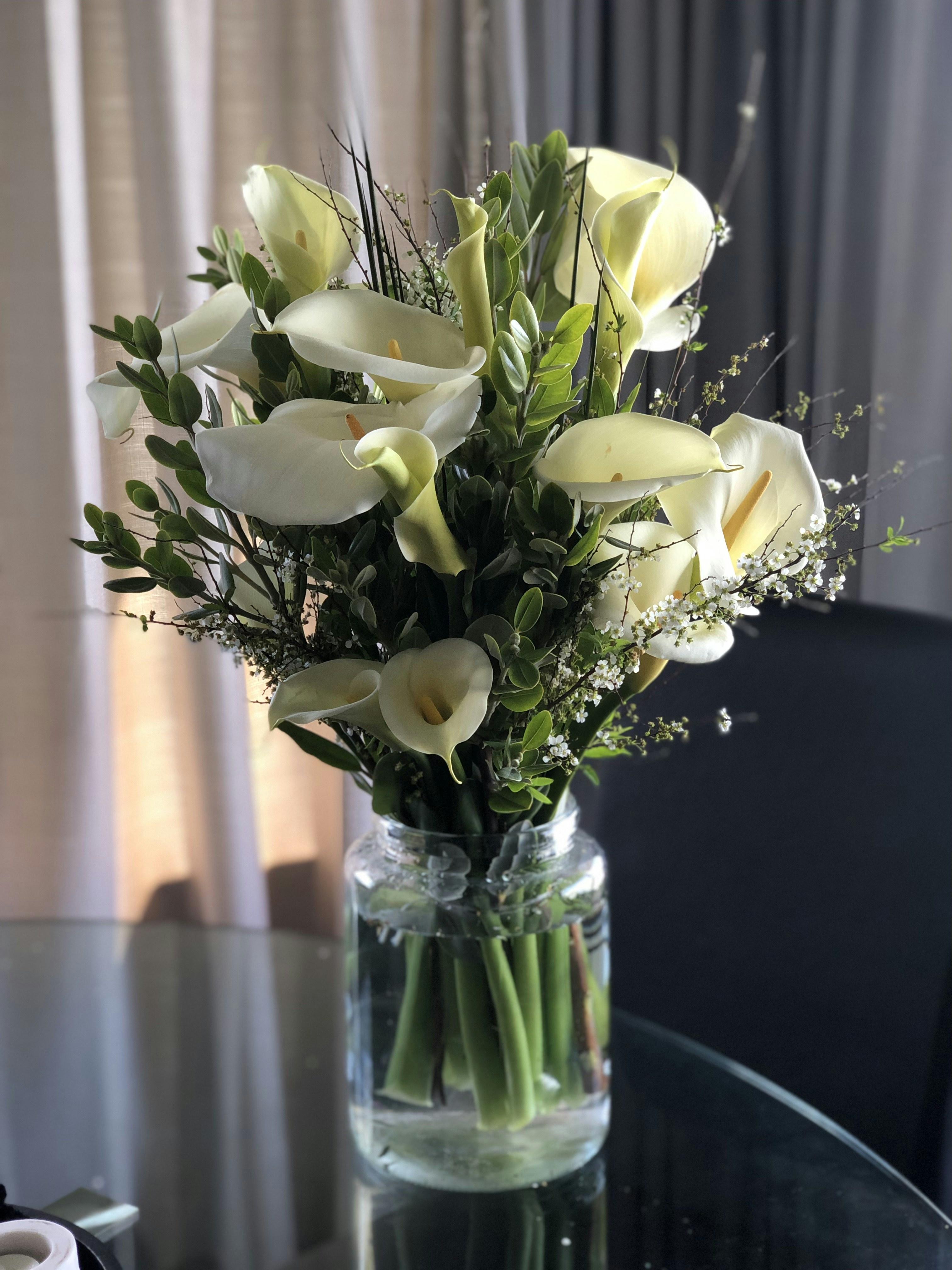 A bouquet of white calla lilies in a glass vase. photo – Free Beauty ...