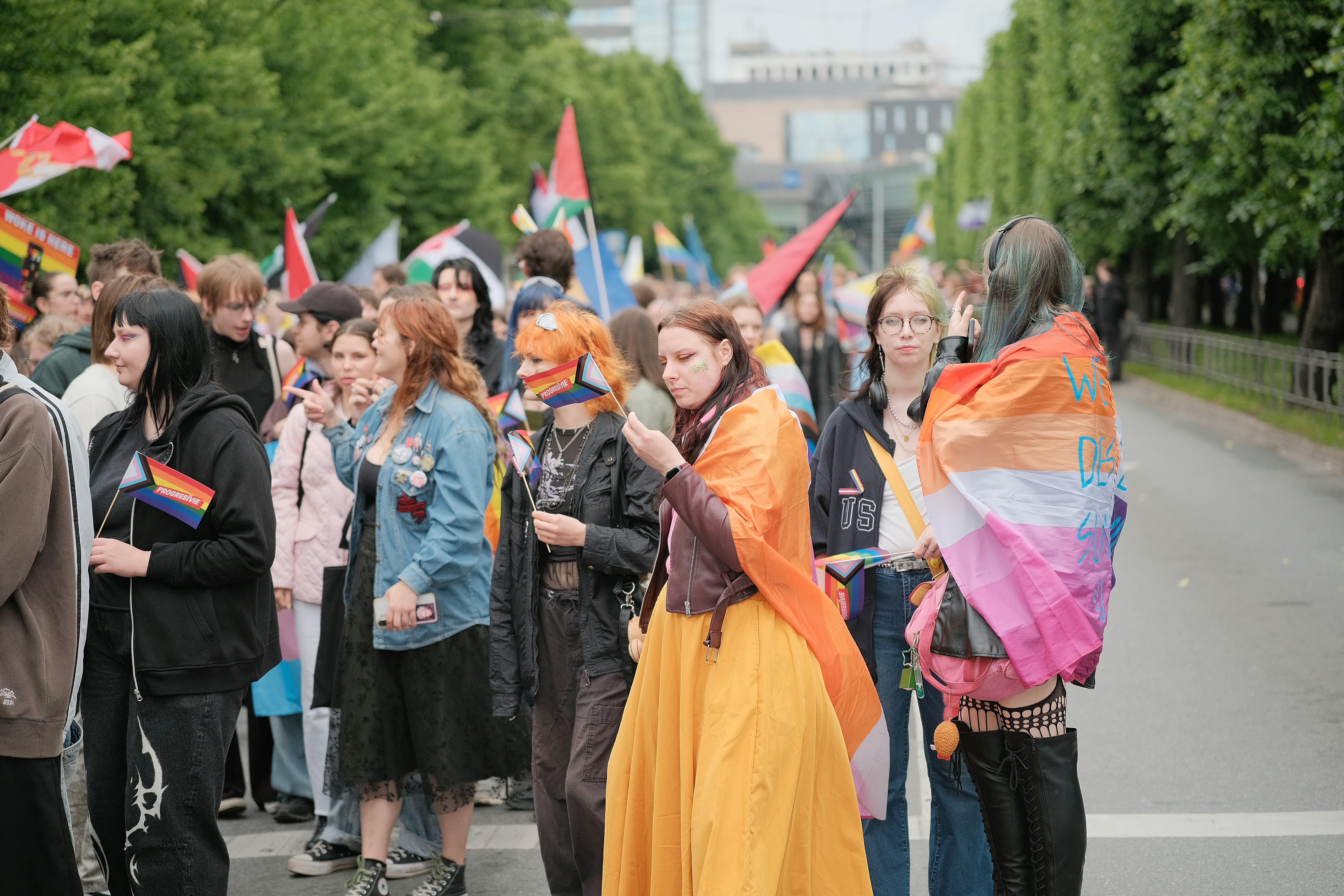 Rainbow Pride Among the Crowd: A Street Rally in Soft Light