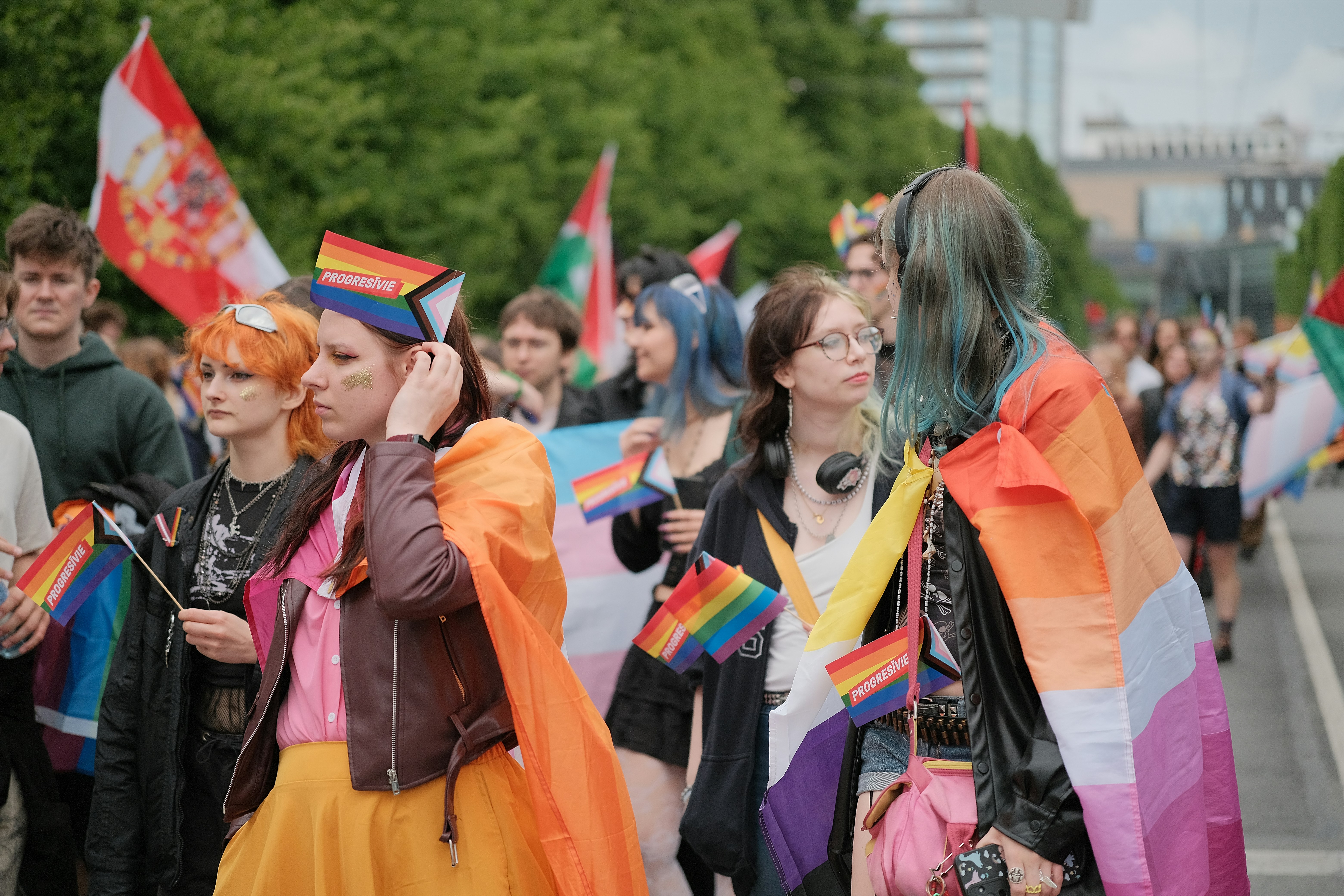 Vibrant Pride Rally: A Row of Colorful Voices in the Street