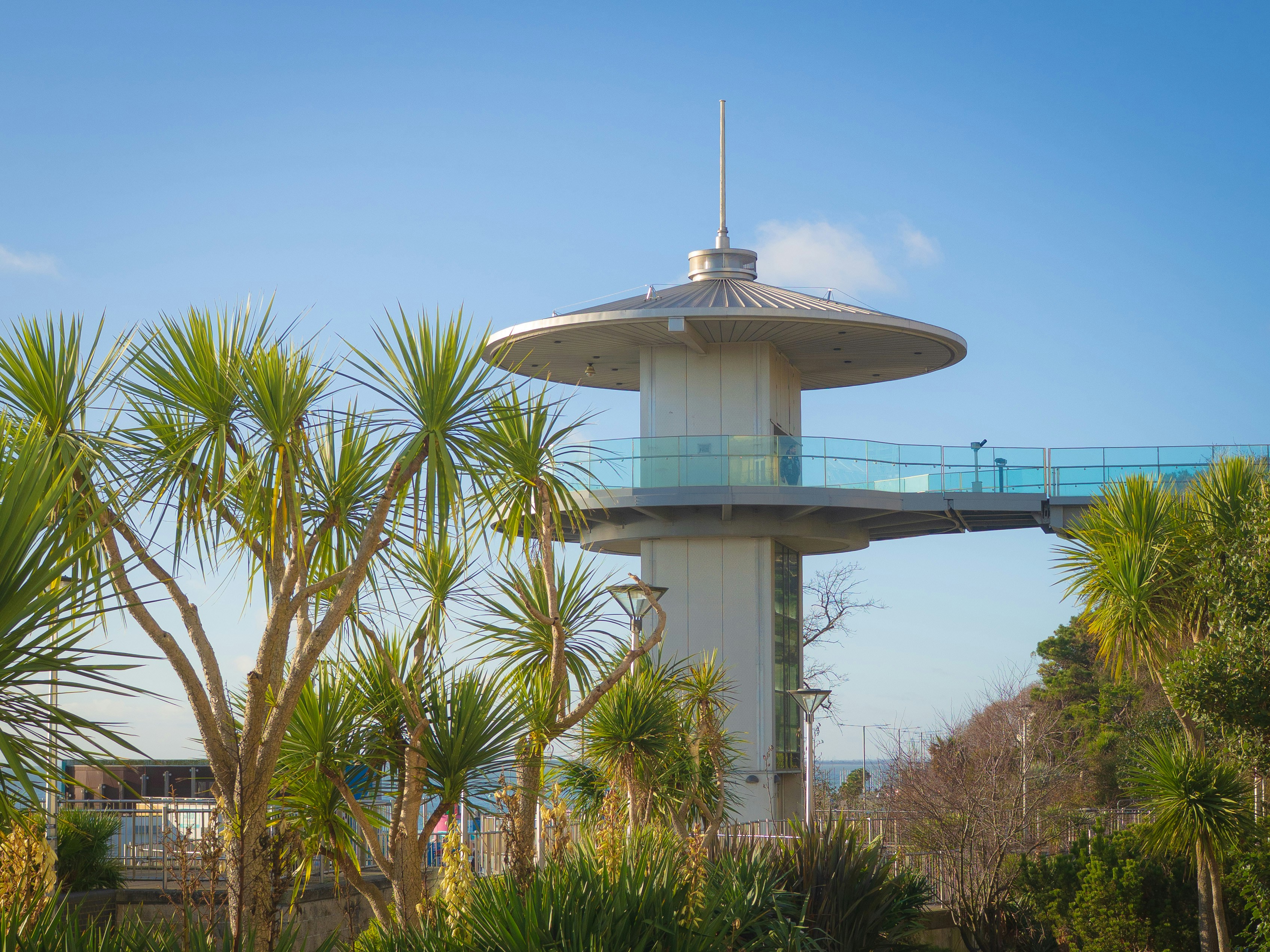 Watchtower over a desert-scaped overlook with palm trees
