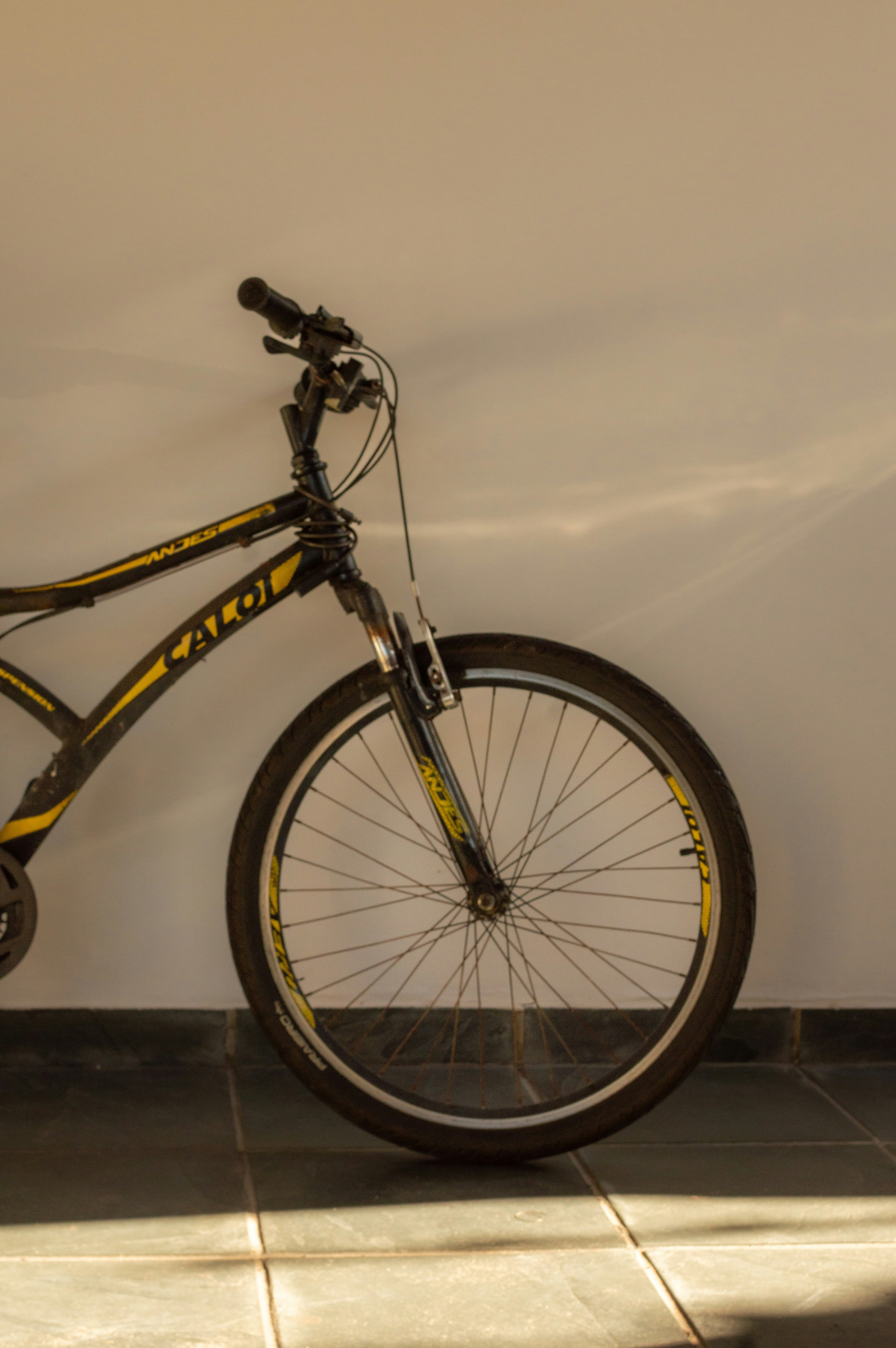 Yellow-Accented Mountain Bike Resting Against a Quiet Wall