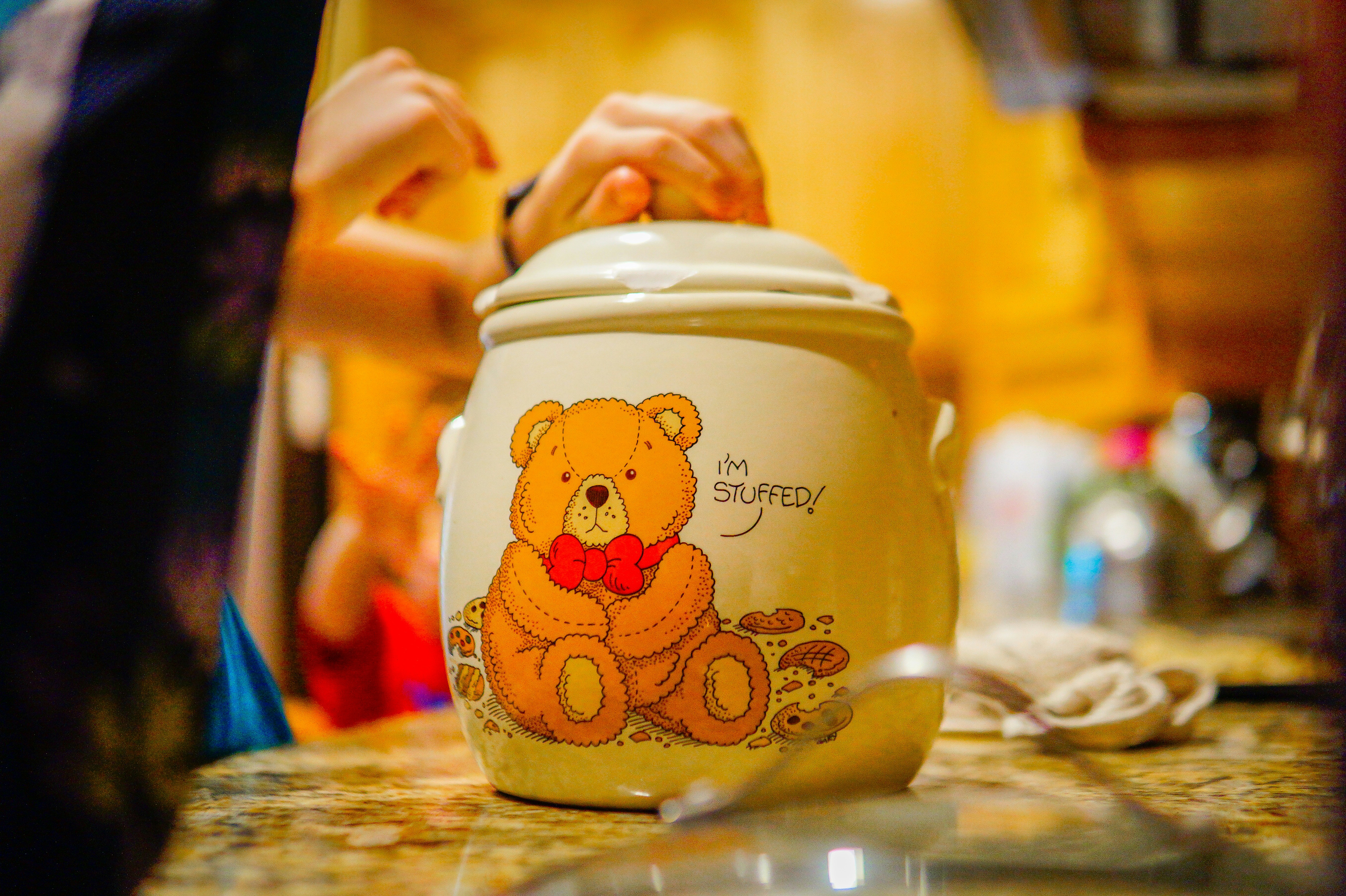 Cookie Jar with Teddy Bear Illustration on a Busy Kitchen Counter