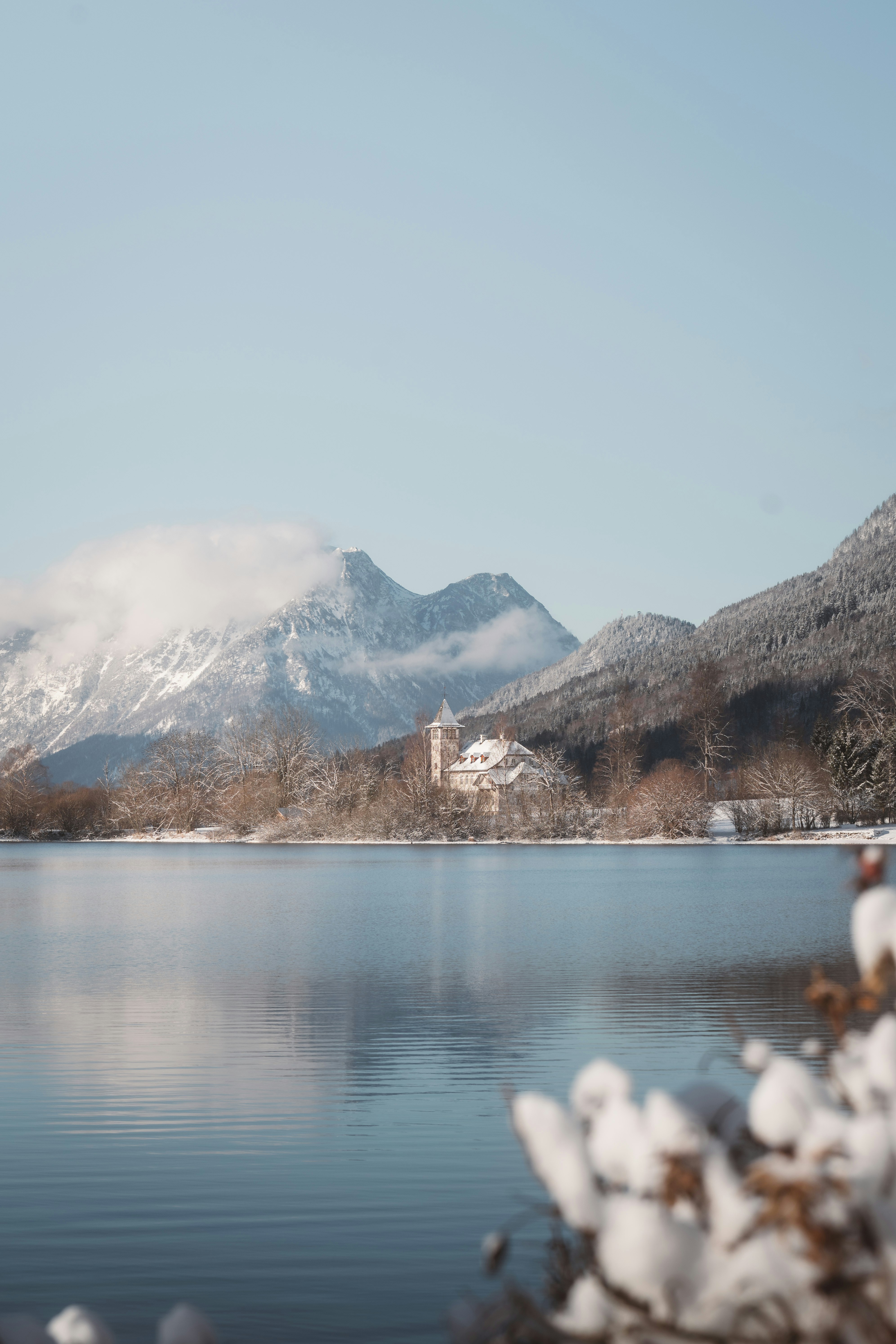 Snowbound Silence Over the Lake Castle