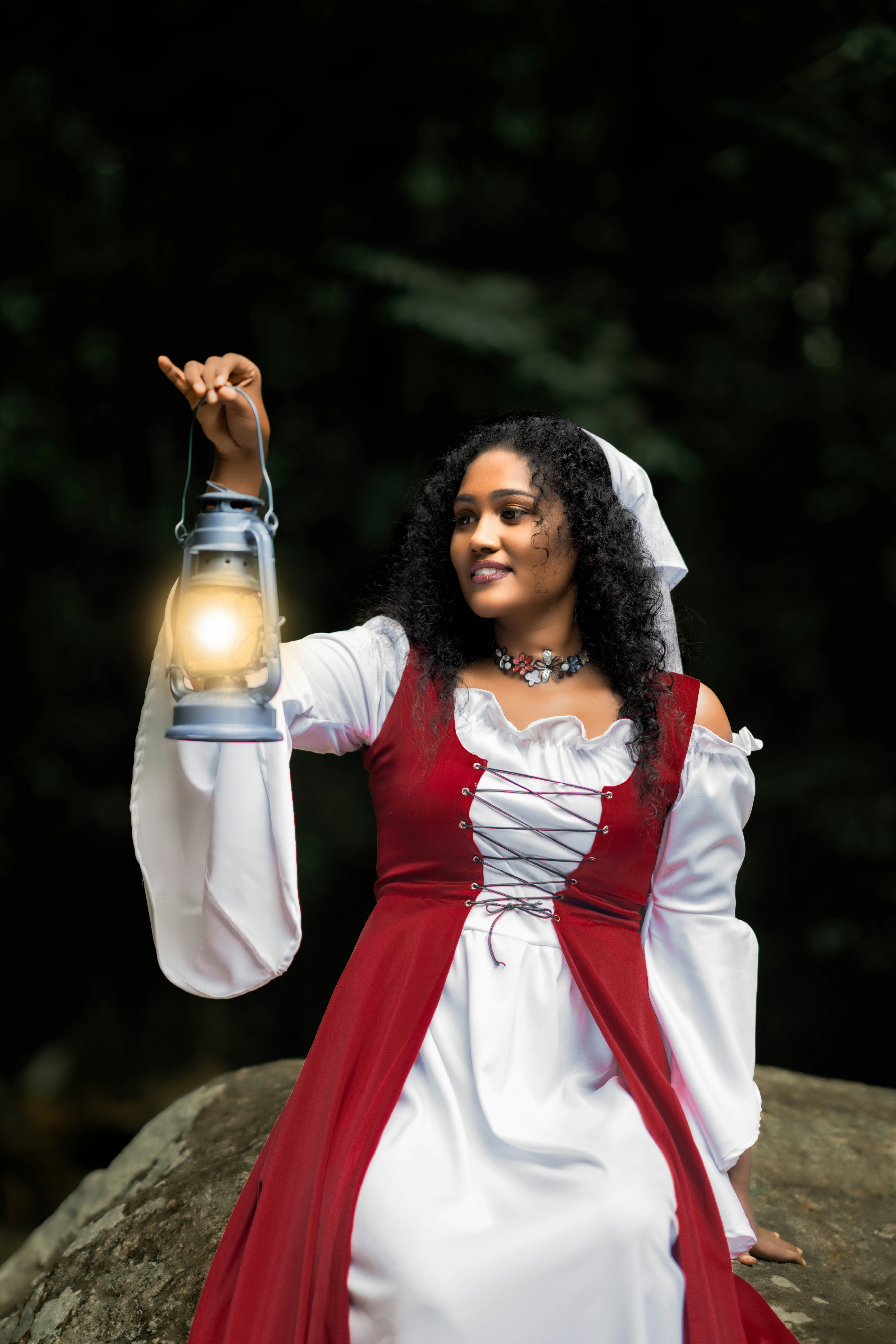 Lantern of Grace: A Lady in Renaissance Red Illuminates the Forest