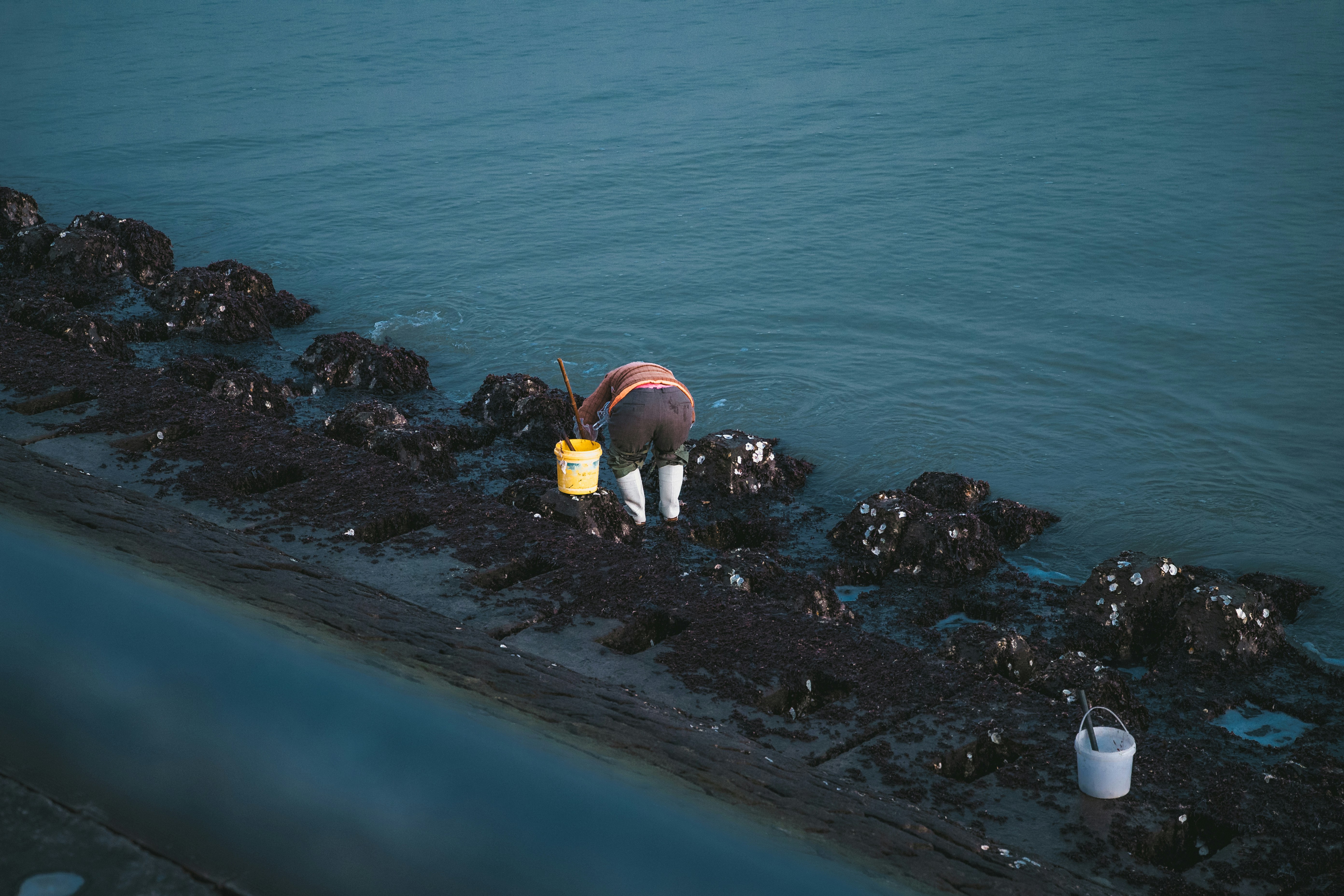 Coastal Tides: A Worker on the Rugged Shore