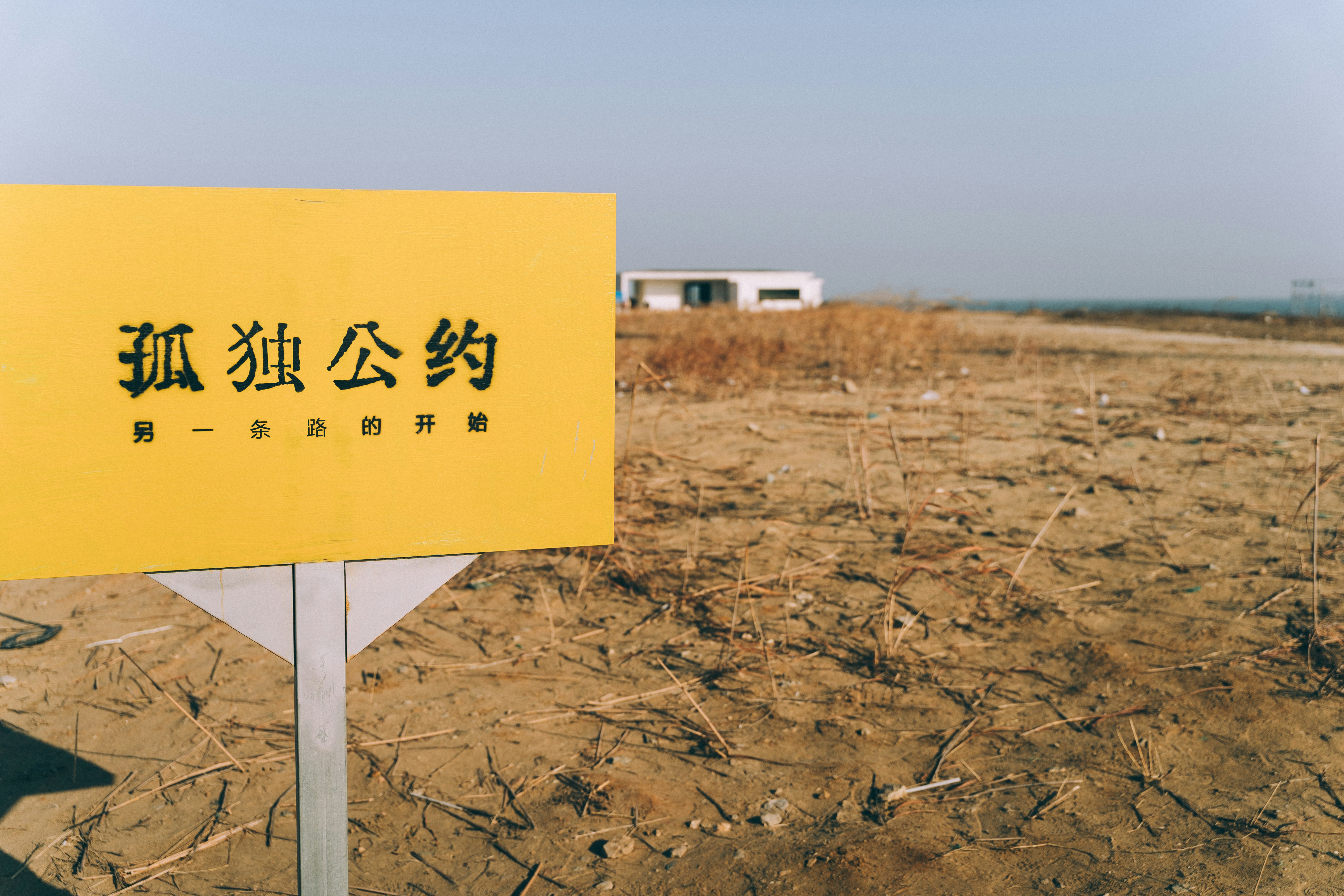 Yellow Sign in a Desolate Coastal Plain