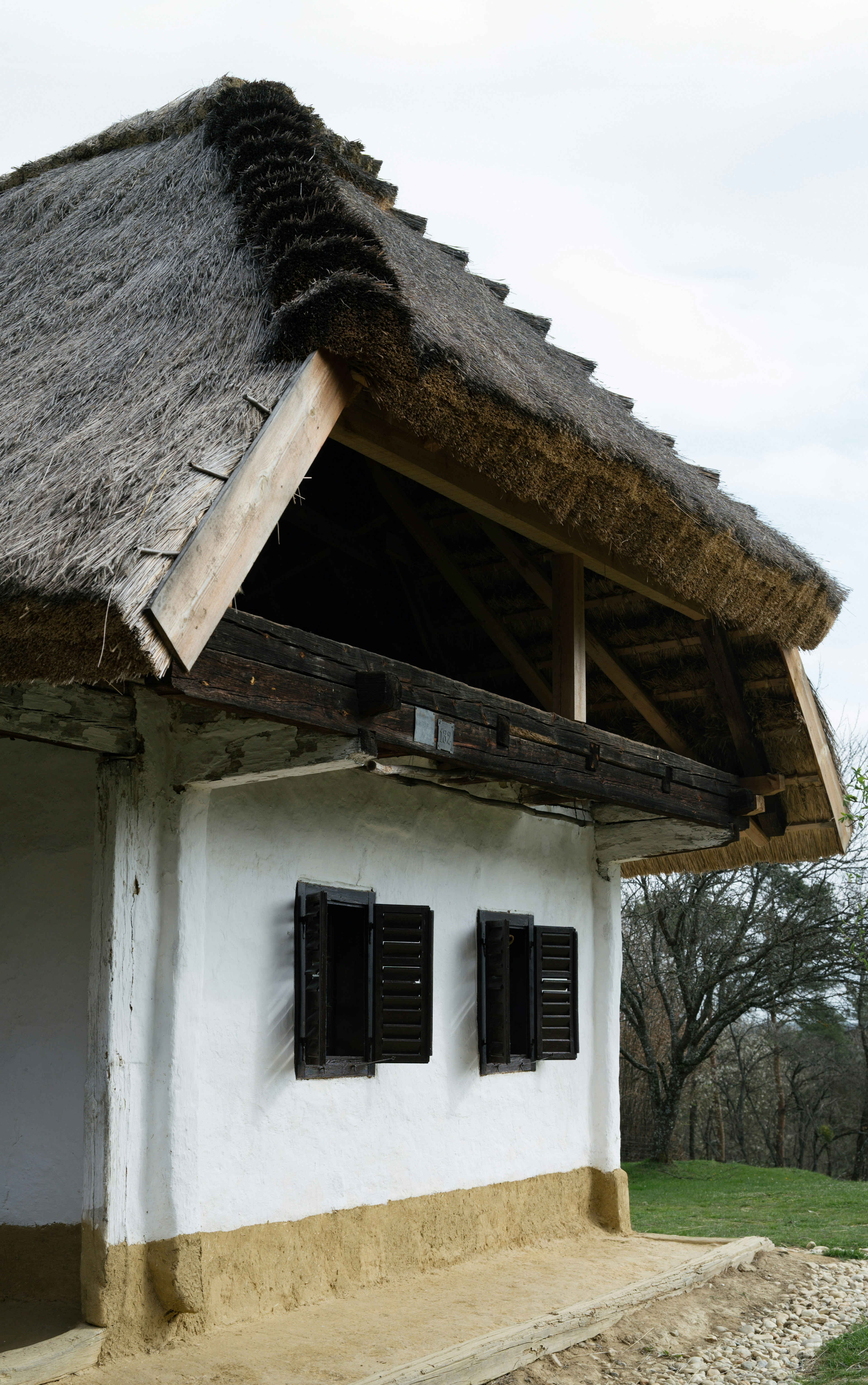 Thatched Cottage Corner: Whitewashed Walls and Shuttered Windows