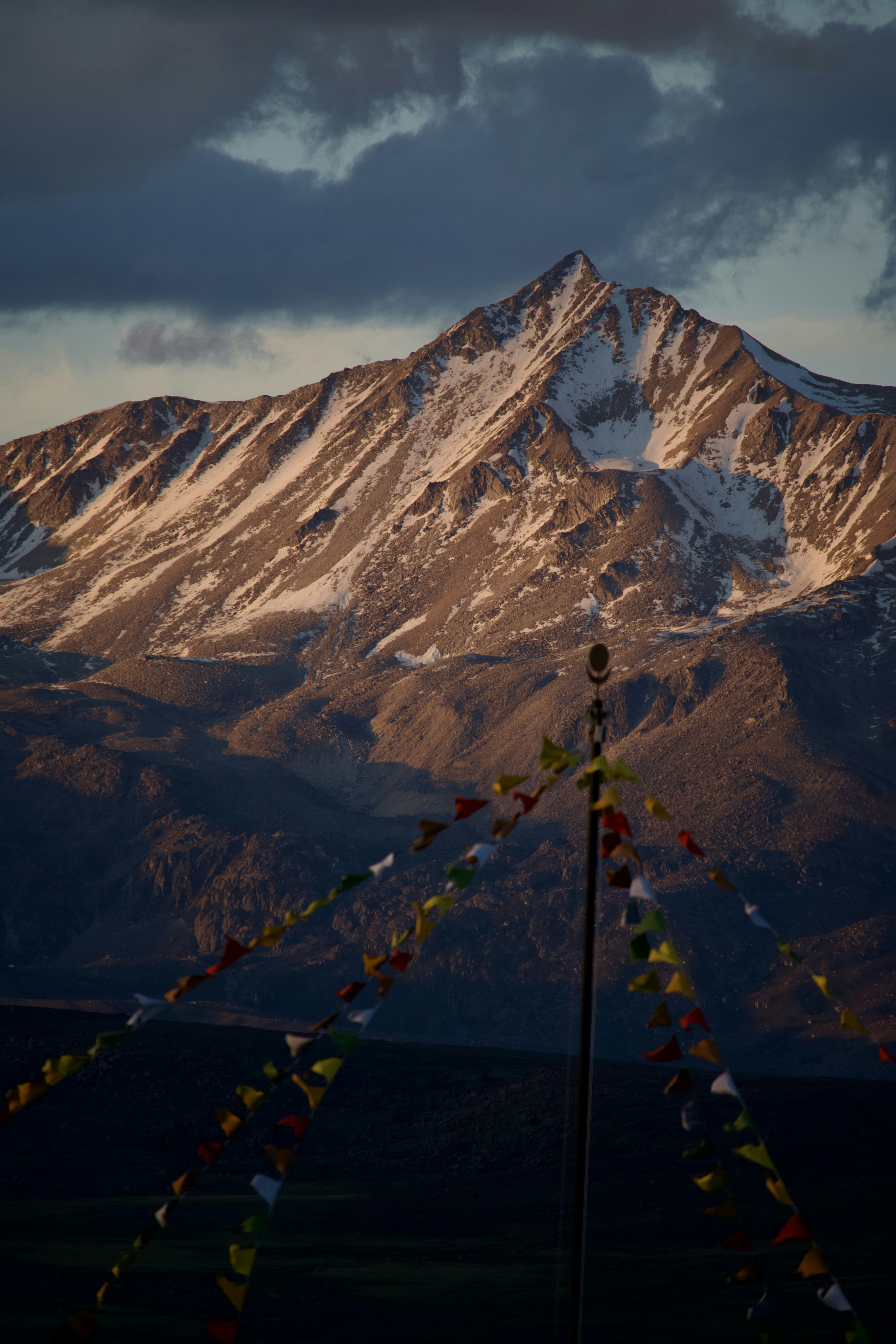 Prayer Flags Against a Snowy Peak