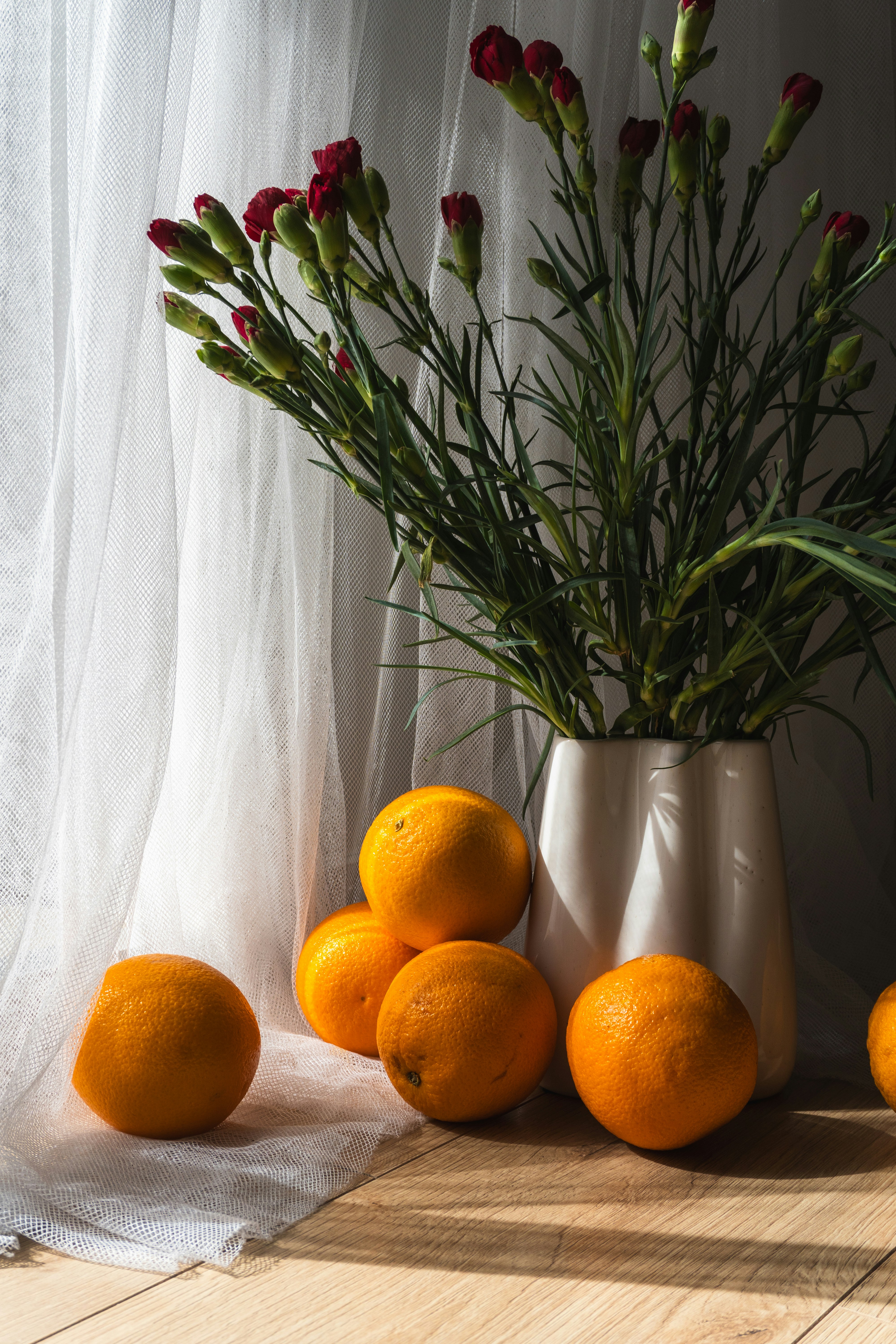 Still life with oranges, red flowers, and white curtain.