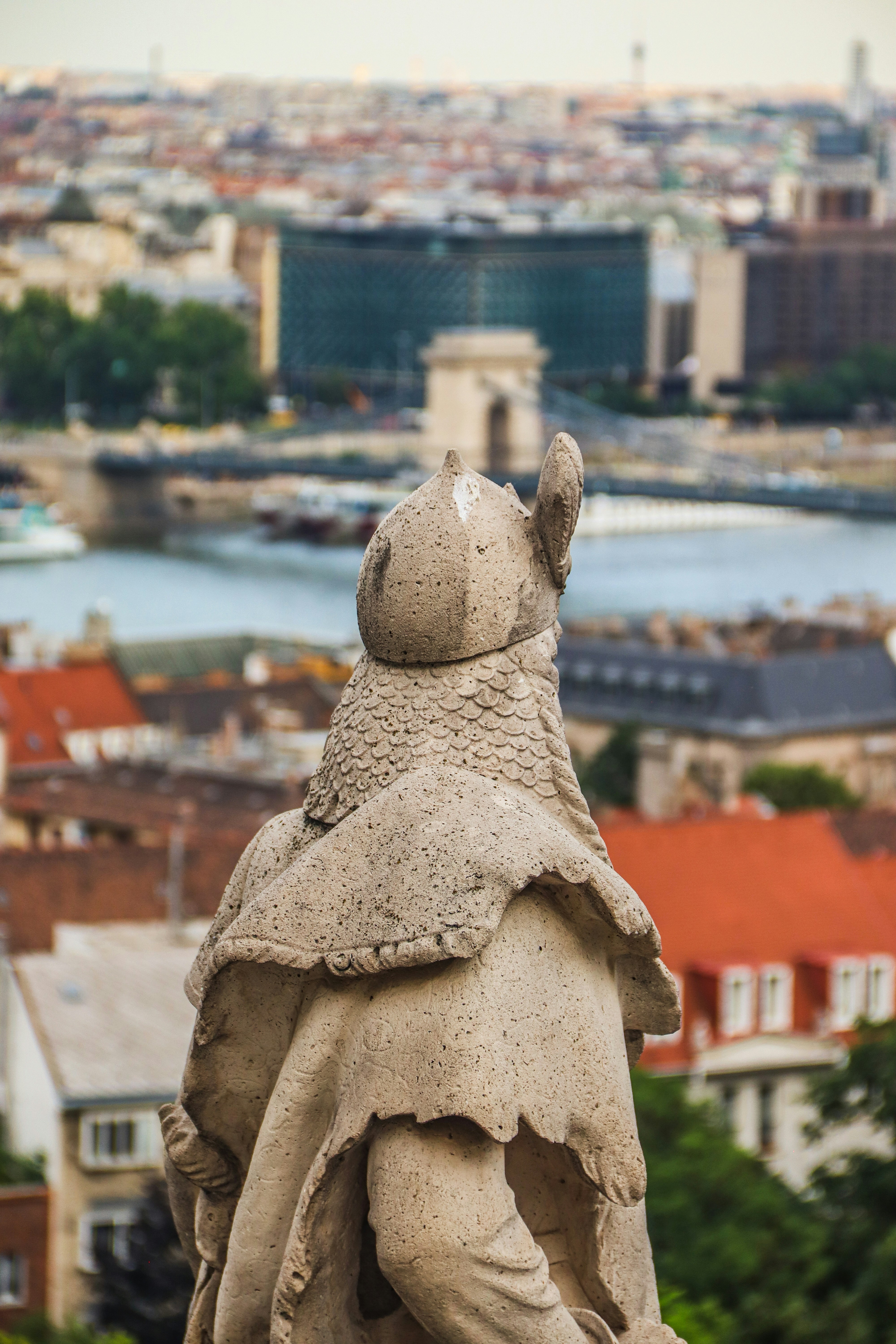 Stone Guardian over the Danube: Sculpted Watcher with Cityscape Backdrop
