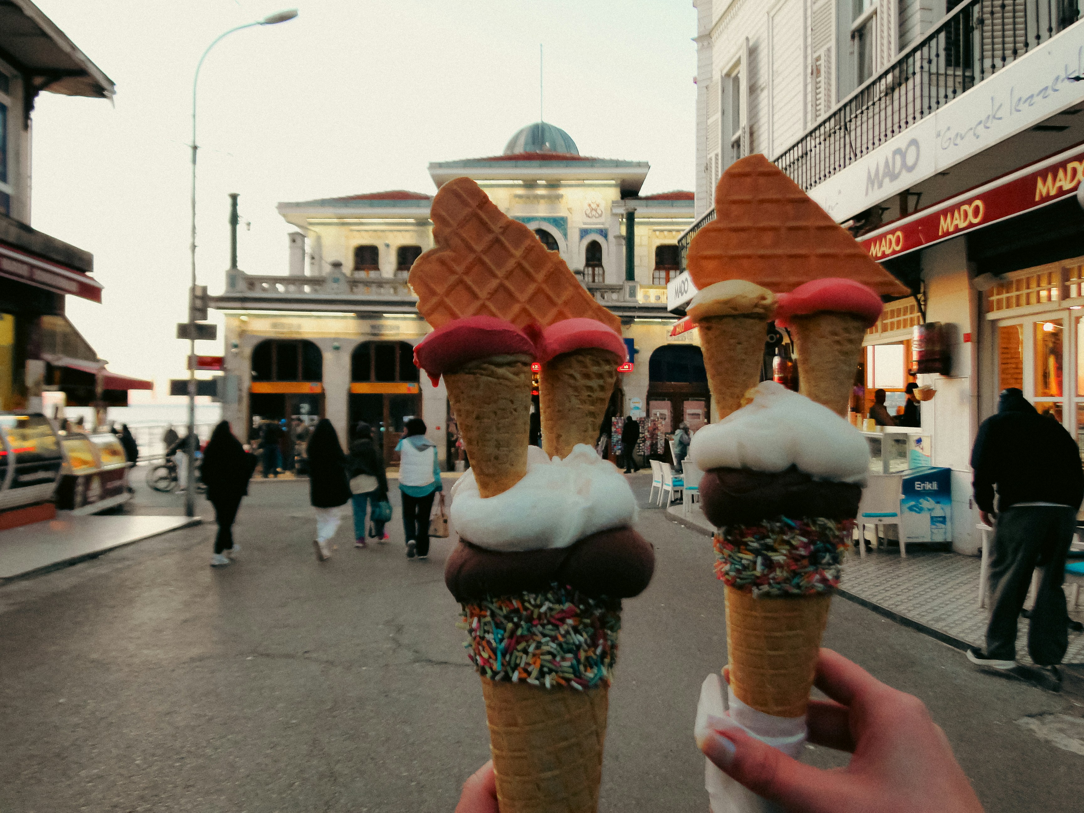 Ice Cream Boulevard: Cone Towers in a Sunlit Street