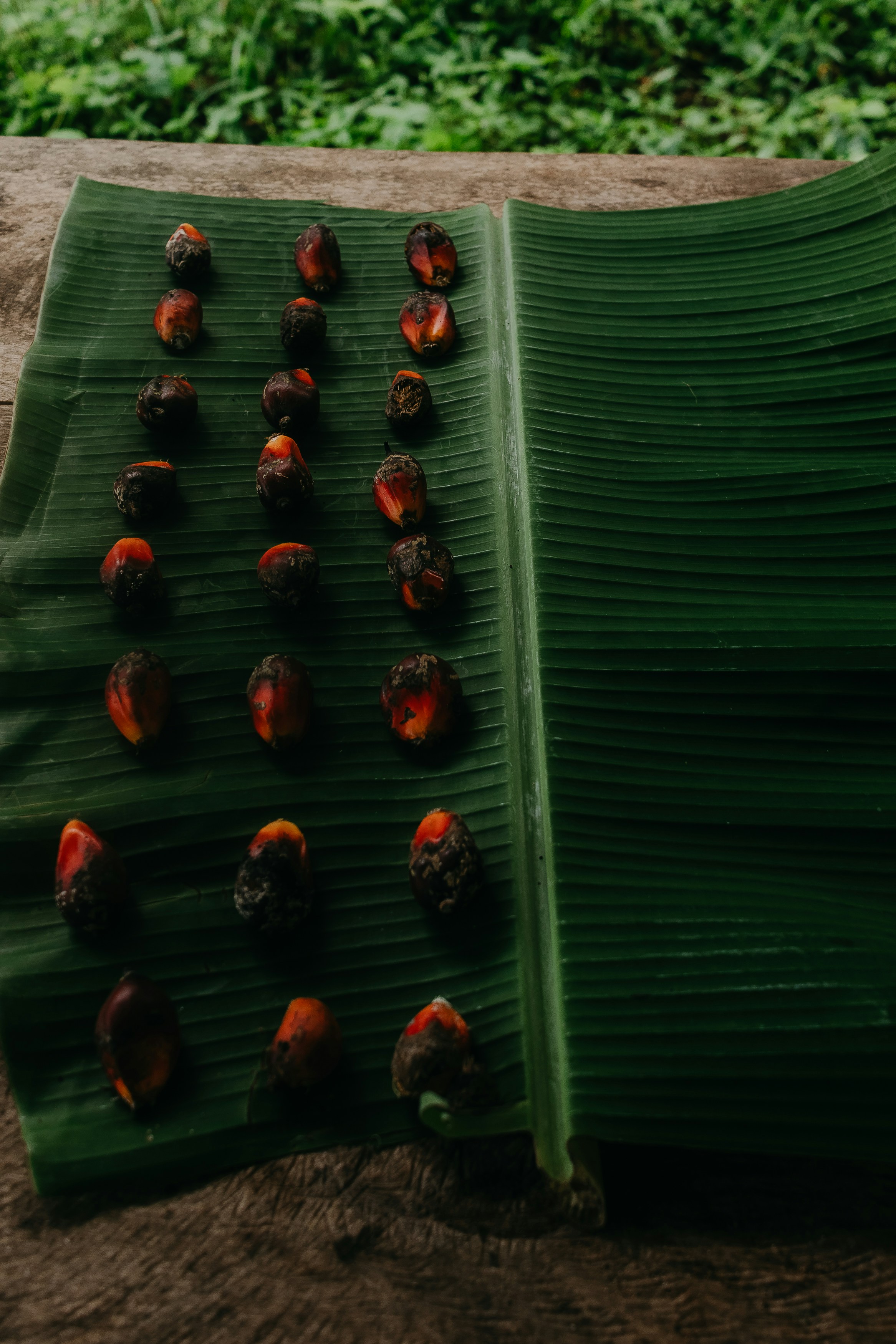 Rows of Roasted Nuts on a Banana Leaf