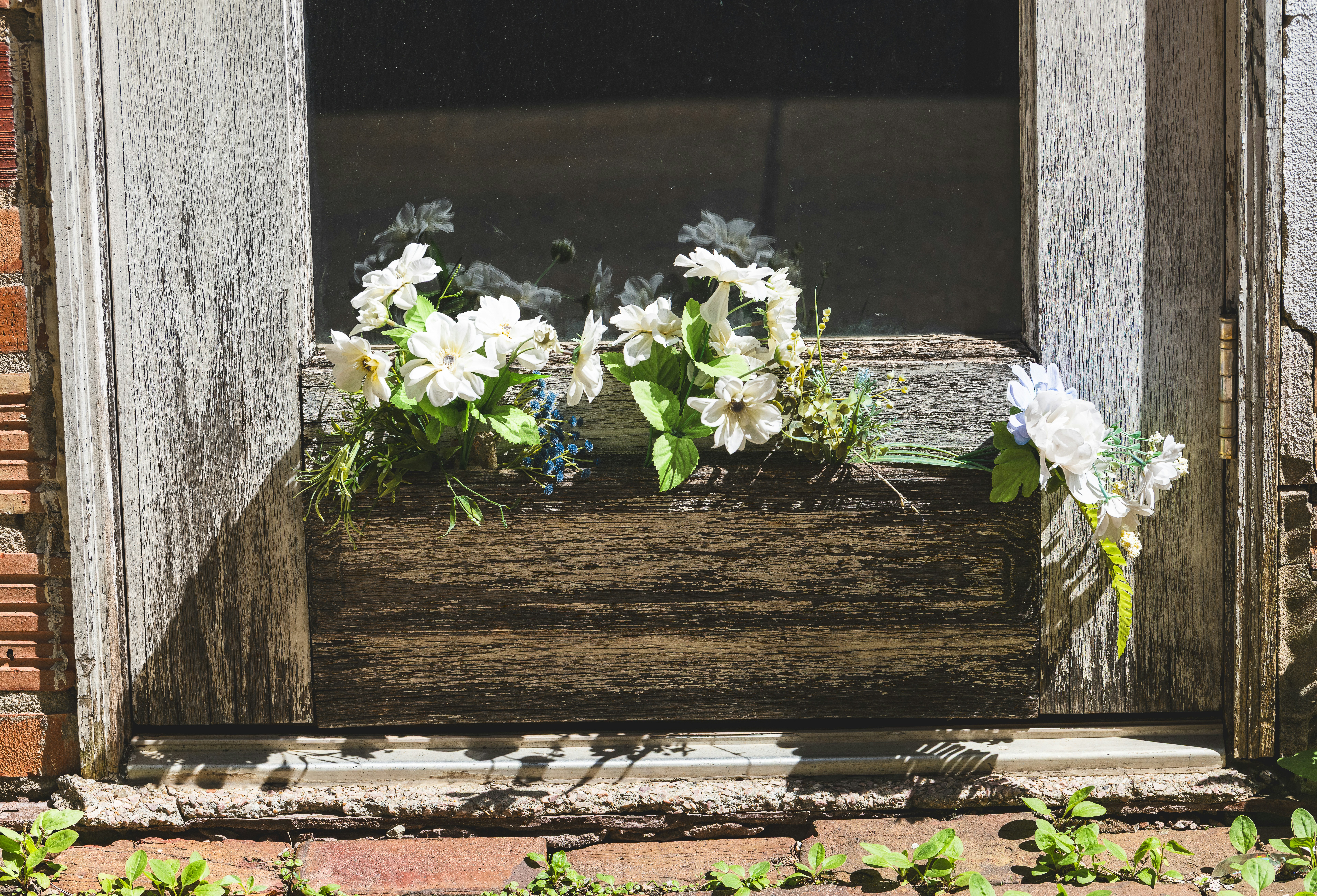 Weathered windowsill blooms: a doorway of spring past