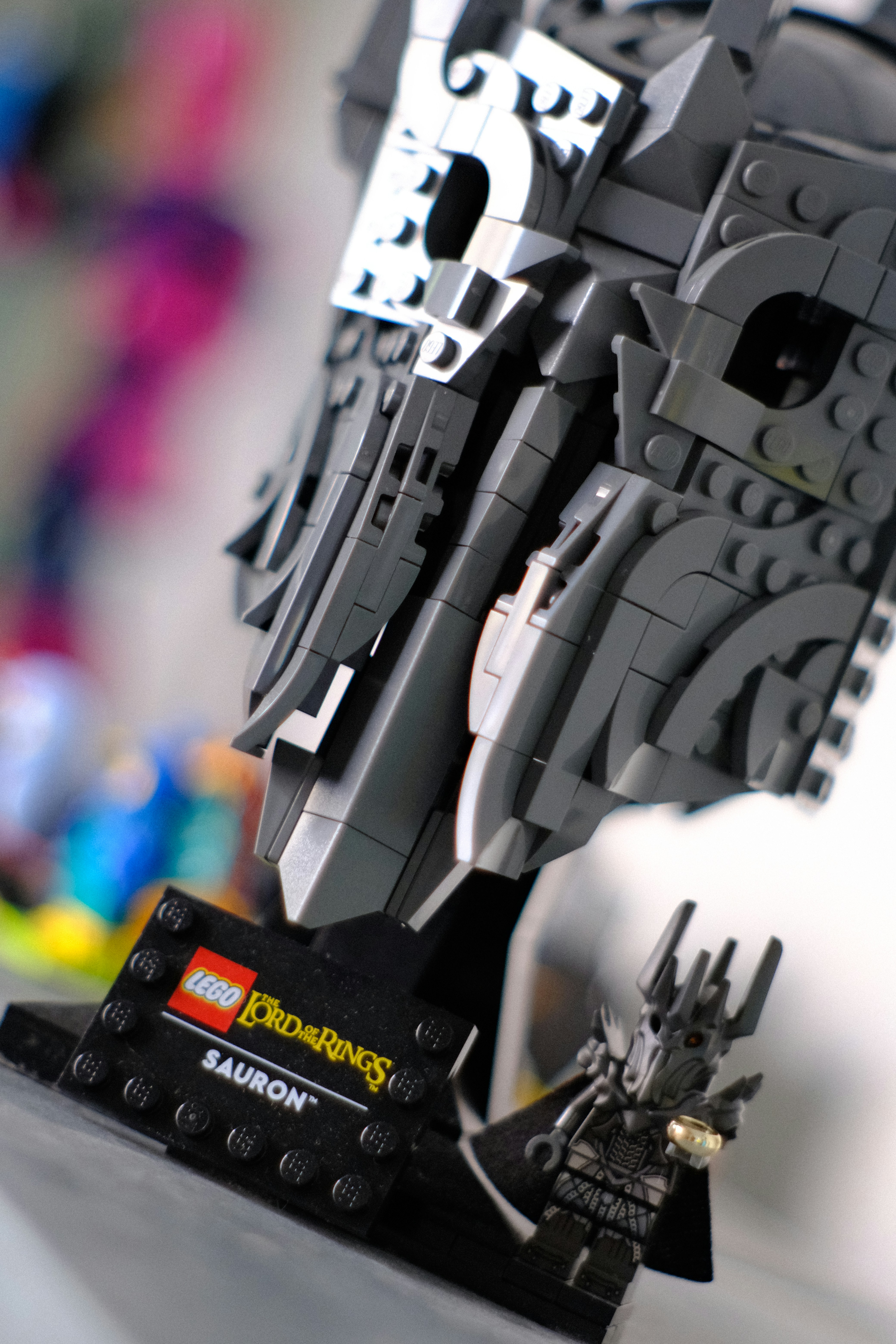 LEGO Sauron Bust Under Spotlight: A Monolithic Grayscale Portrait