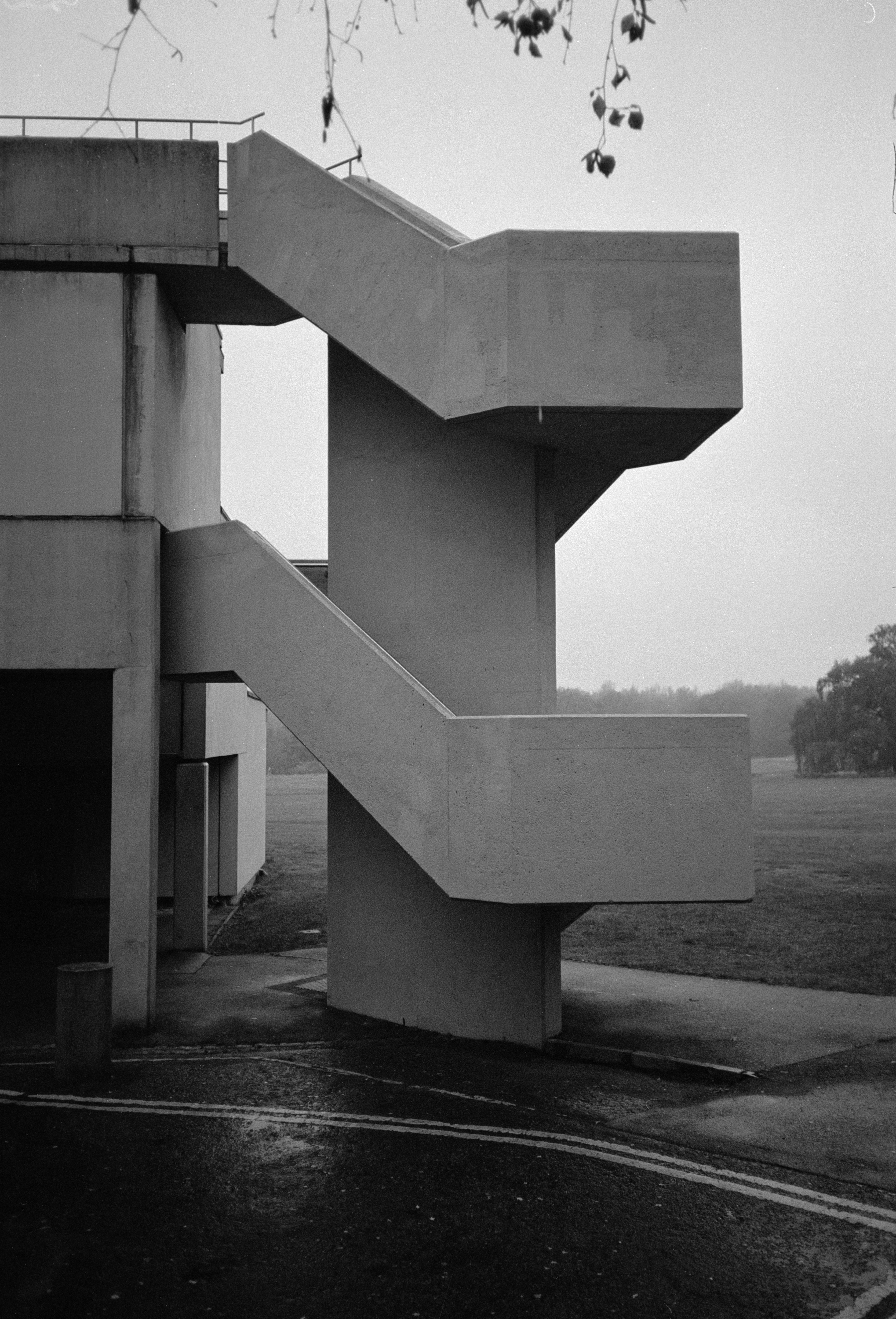 Interlocking Concrete: A Quiet Staircase Surfaces against an Empty Field