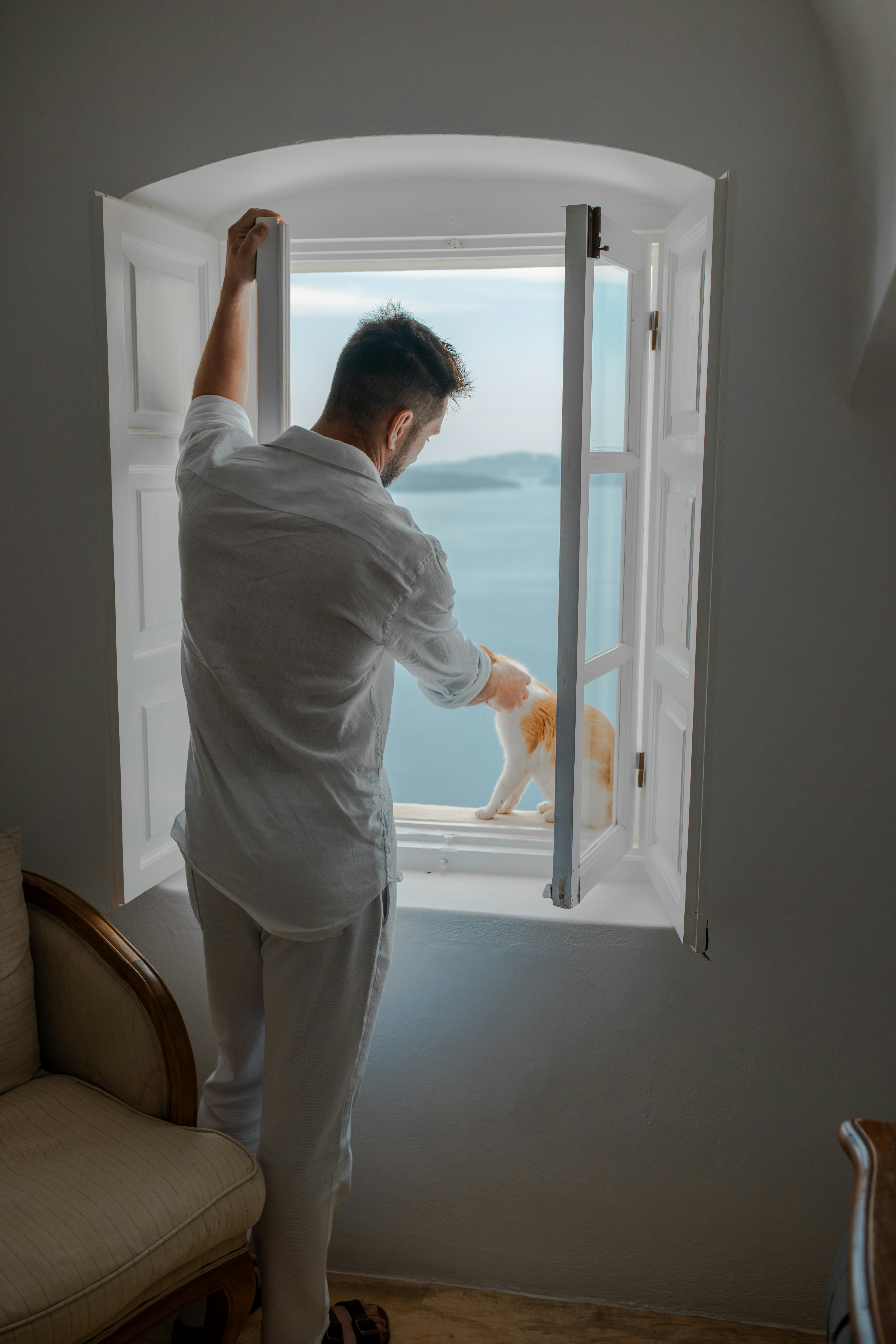 Open Window, Quiet Sea: A Morning Moment with a Cat on the Sill